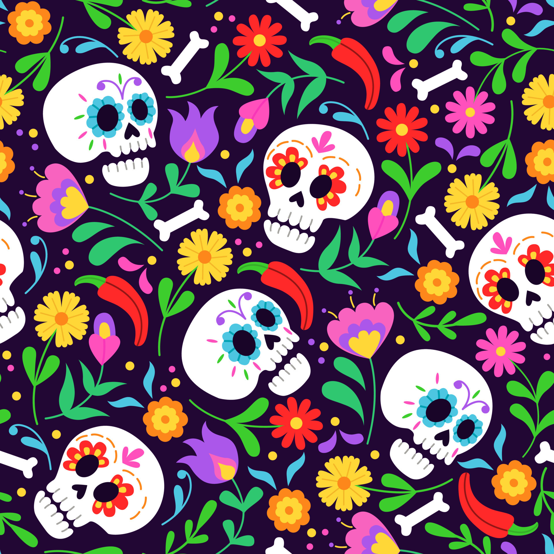 Seamless Pattern For Day Of The Dead Holiday Background With Skull And Floral Ornament Vector