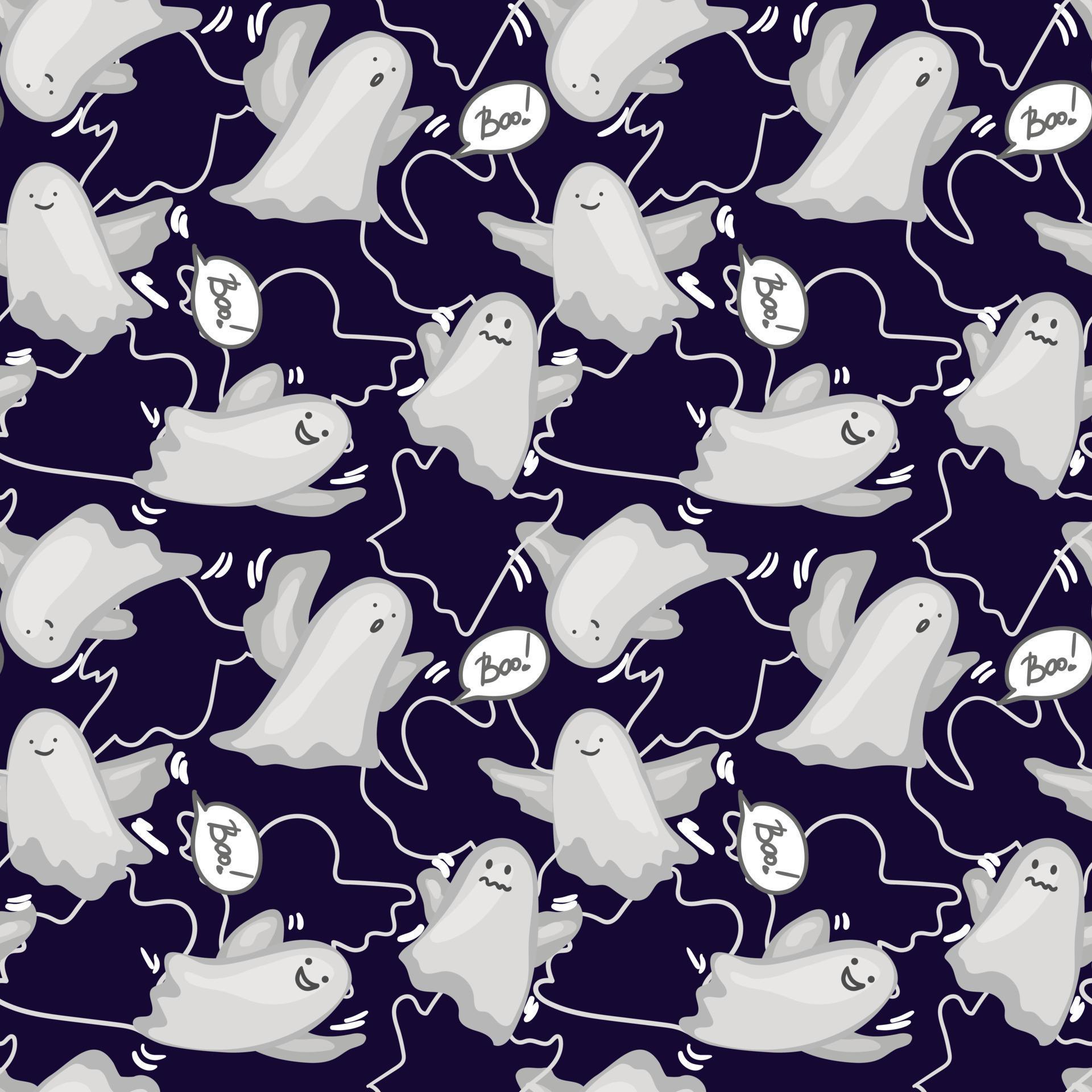 Doodle cute Ghost Haloween seamless pattern. Background with a simple creepy character or scary ...