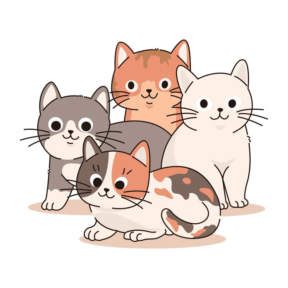 an image of four cute chunky fat cats in simple cartoon style in calm ...