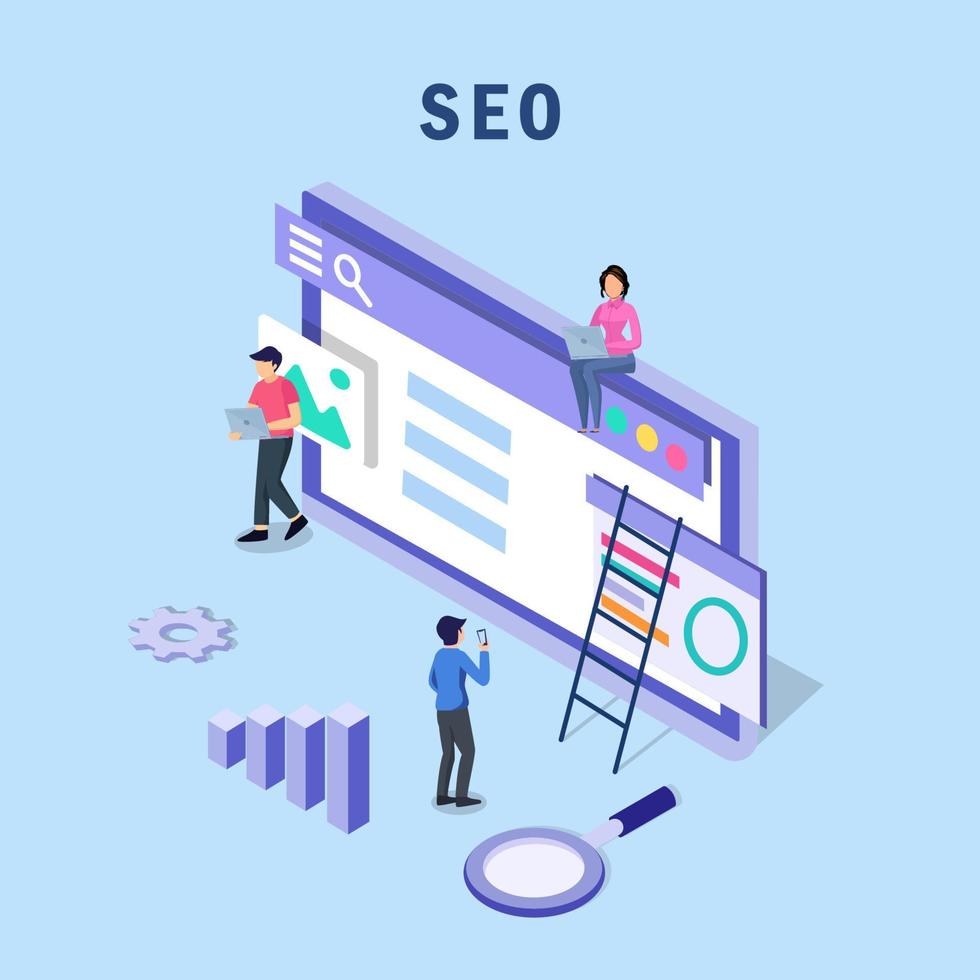 seo concept, search engine optimization with office team people working together increase ...