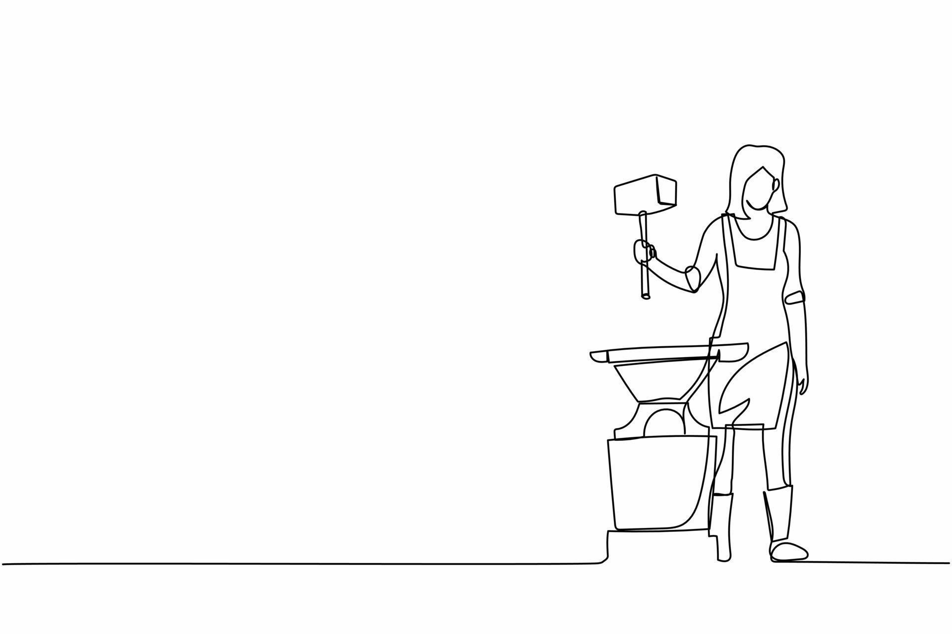 Continuous One Line Drawing Female Blacksmith Wearing Apron Standing