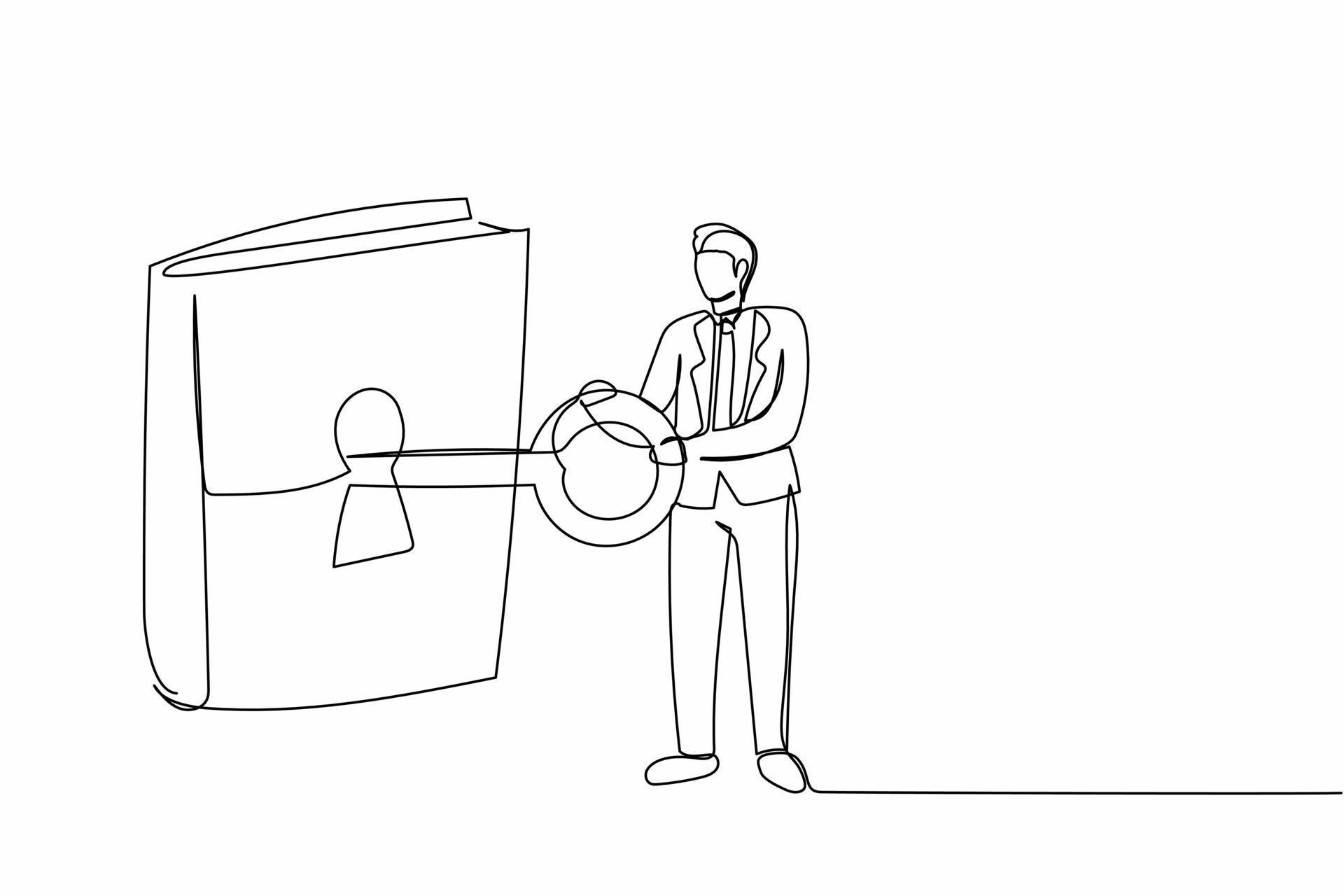 Continuous one line drawing smart businessman putting big key into book ...
