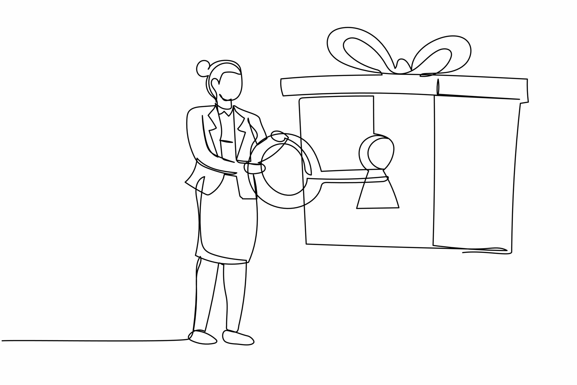 Single Continuous Line Drawing Businesswoman Put Key Into T Box With