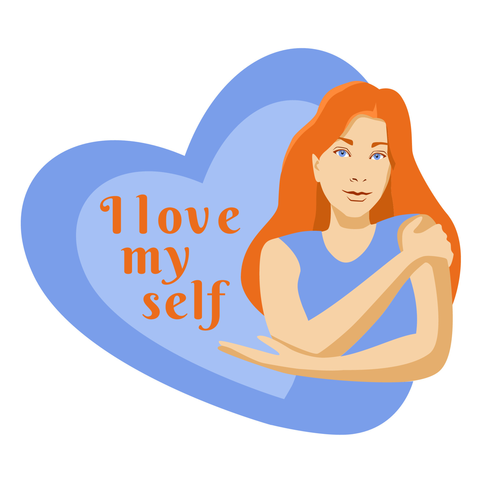 Self Care Cartoon Red Hair Young Girl Hugging Herself With Hearts On Background Card Poster
