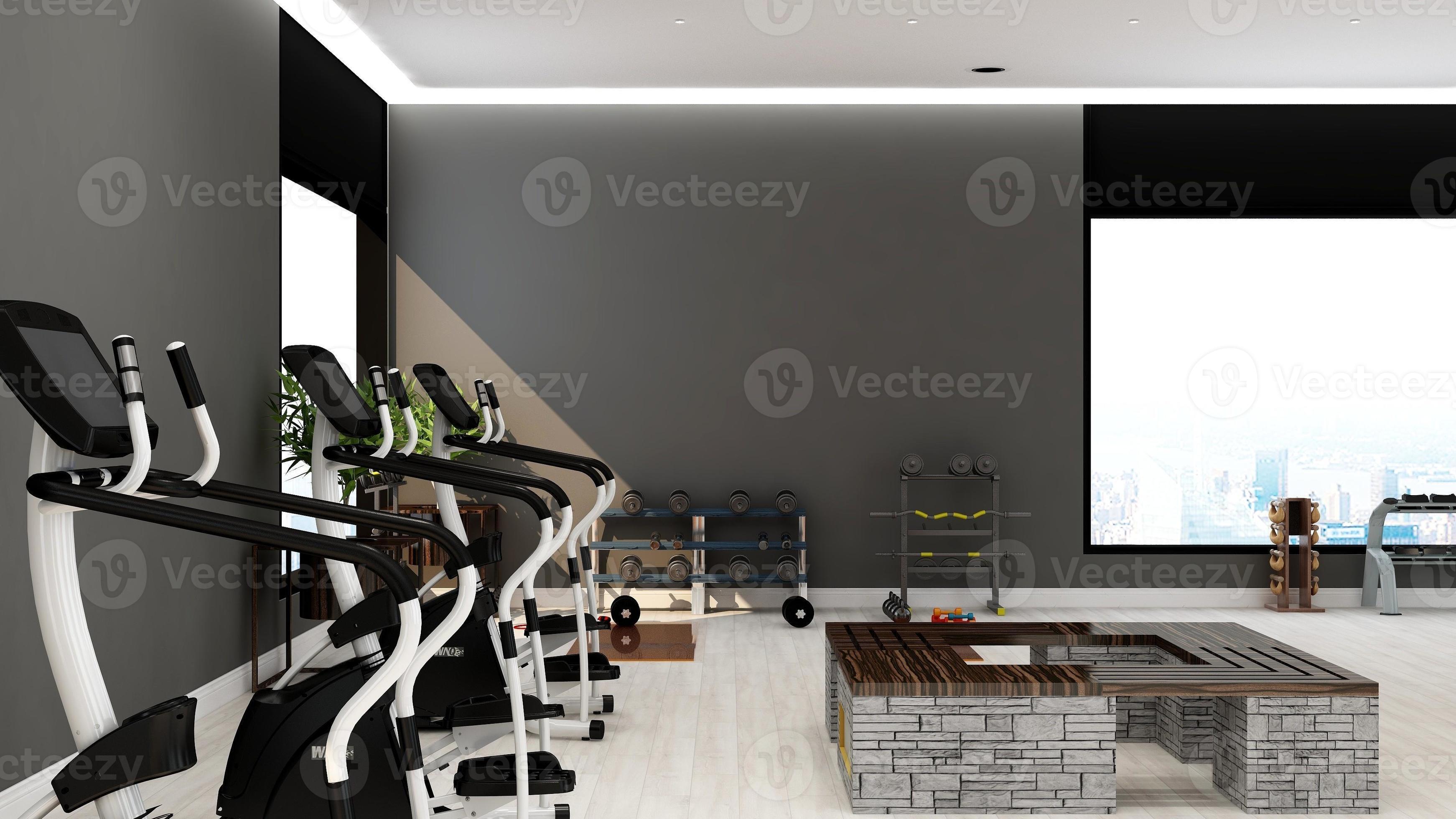 Modern gym interior design - modern minimalist concept in 3d render ...