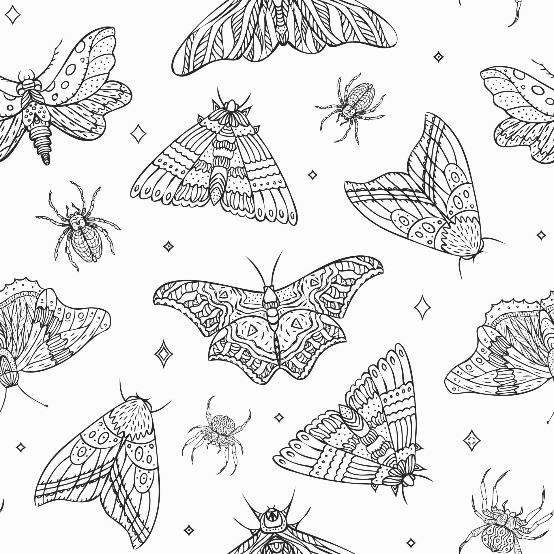 Seamless pattern of vector night butterflies and spiders. Hand drawn ...
