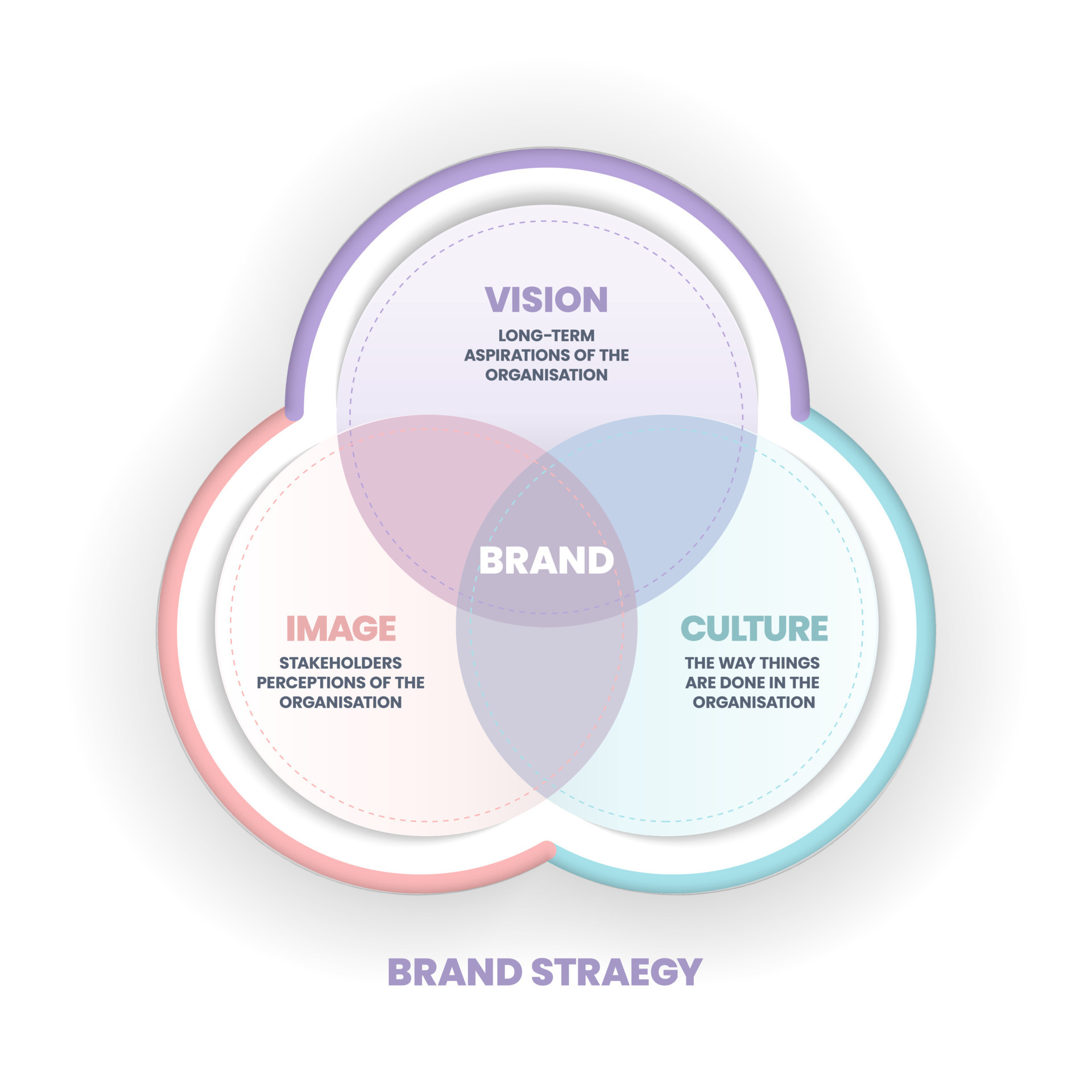 The vector illustration of the brand strategy venn diagram has vison ...