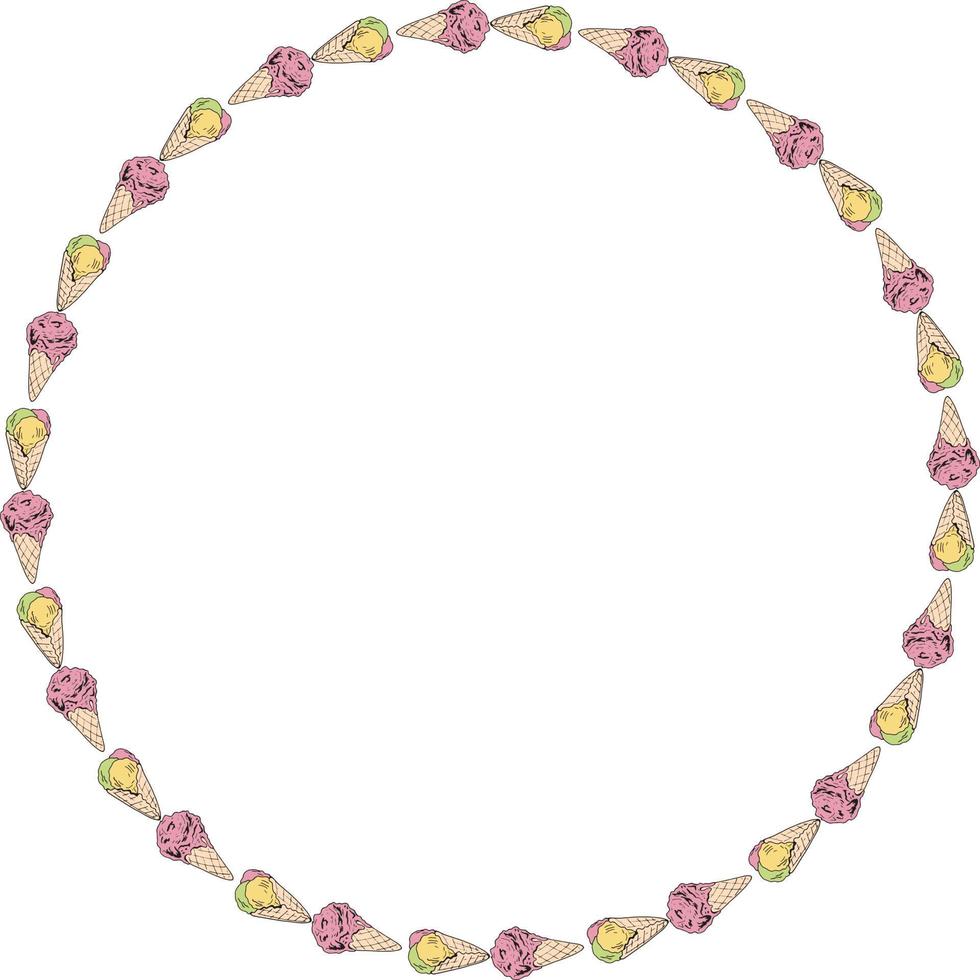 Round frame with two horizontal ice cream. Isolated wreath on white ...