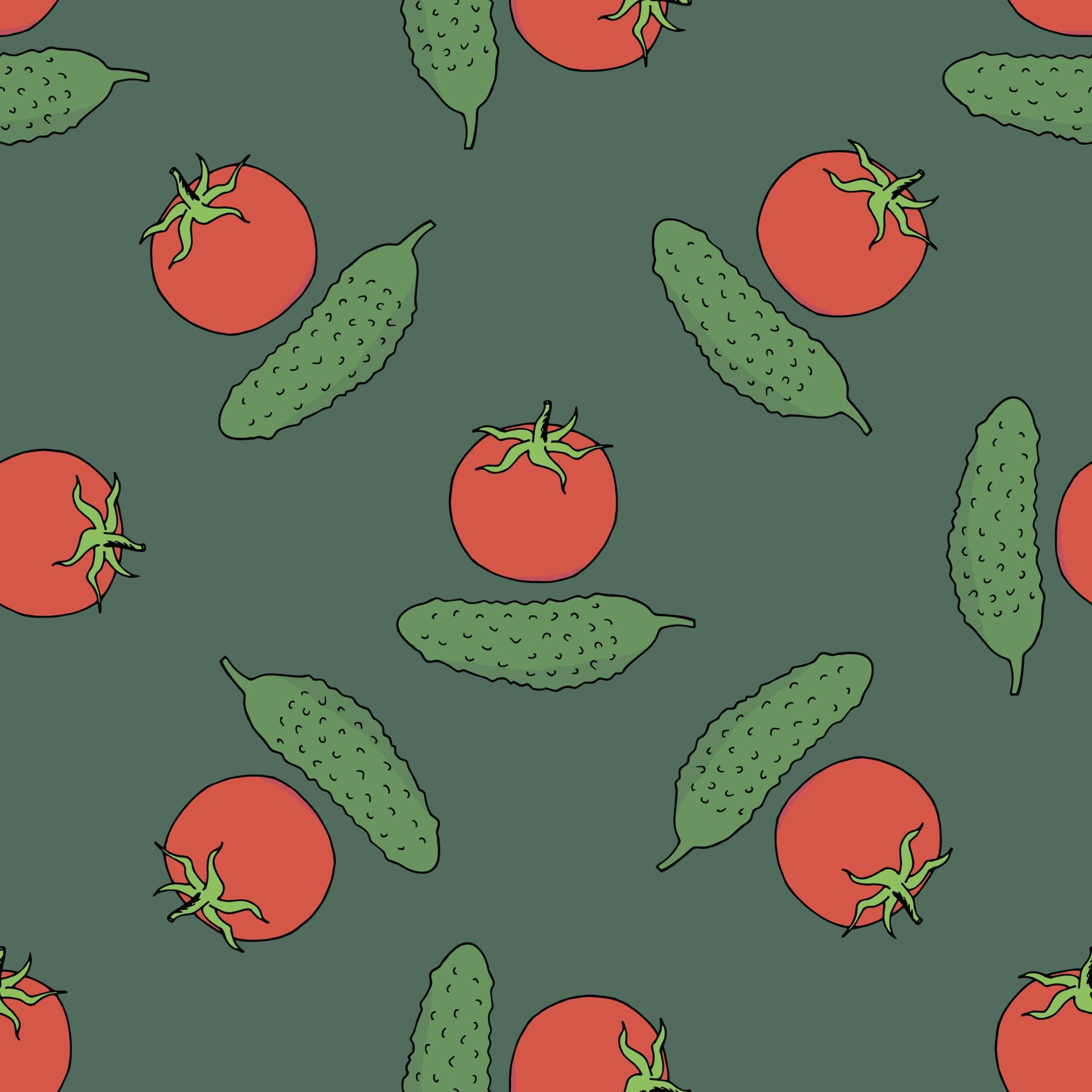 Seamless pattern with colored tomatos and cucumbers on dark green background. Endless background ...