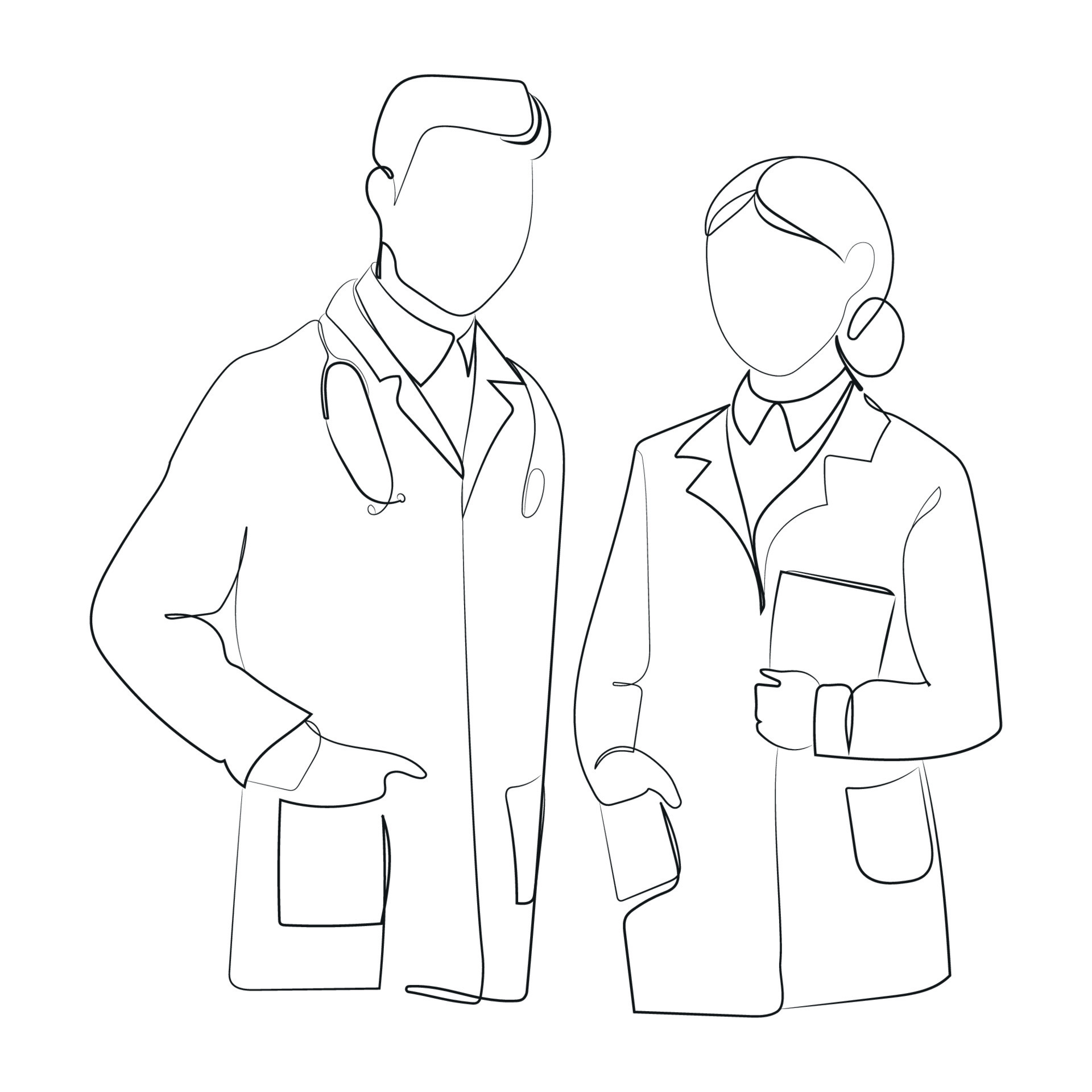 Young Male And Female Doctors Standing Together Single Continuous Line