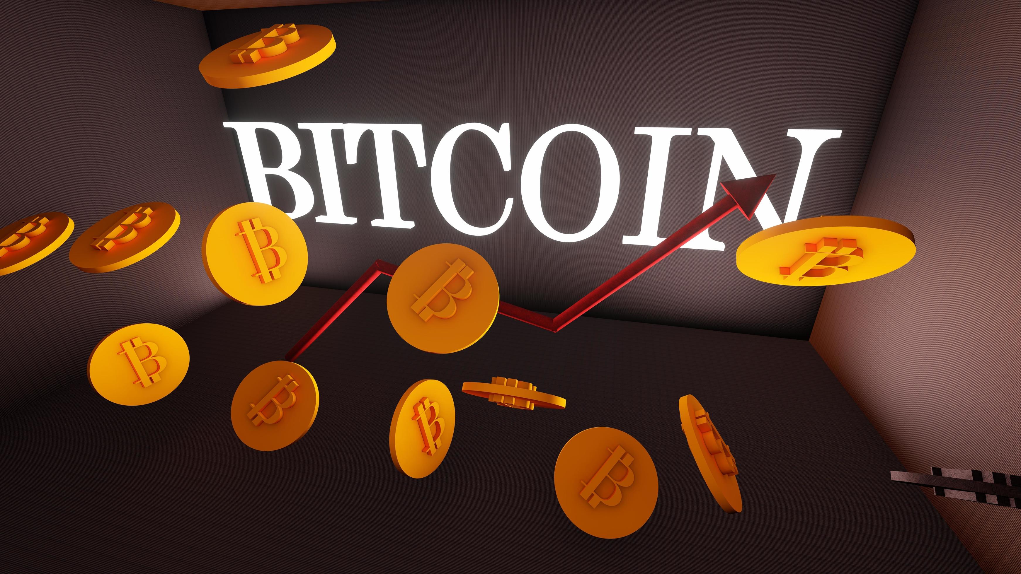 Golden Bitcoin blockchain technology 3d concept with rising graph and glowing bitcoin word. 3D ...