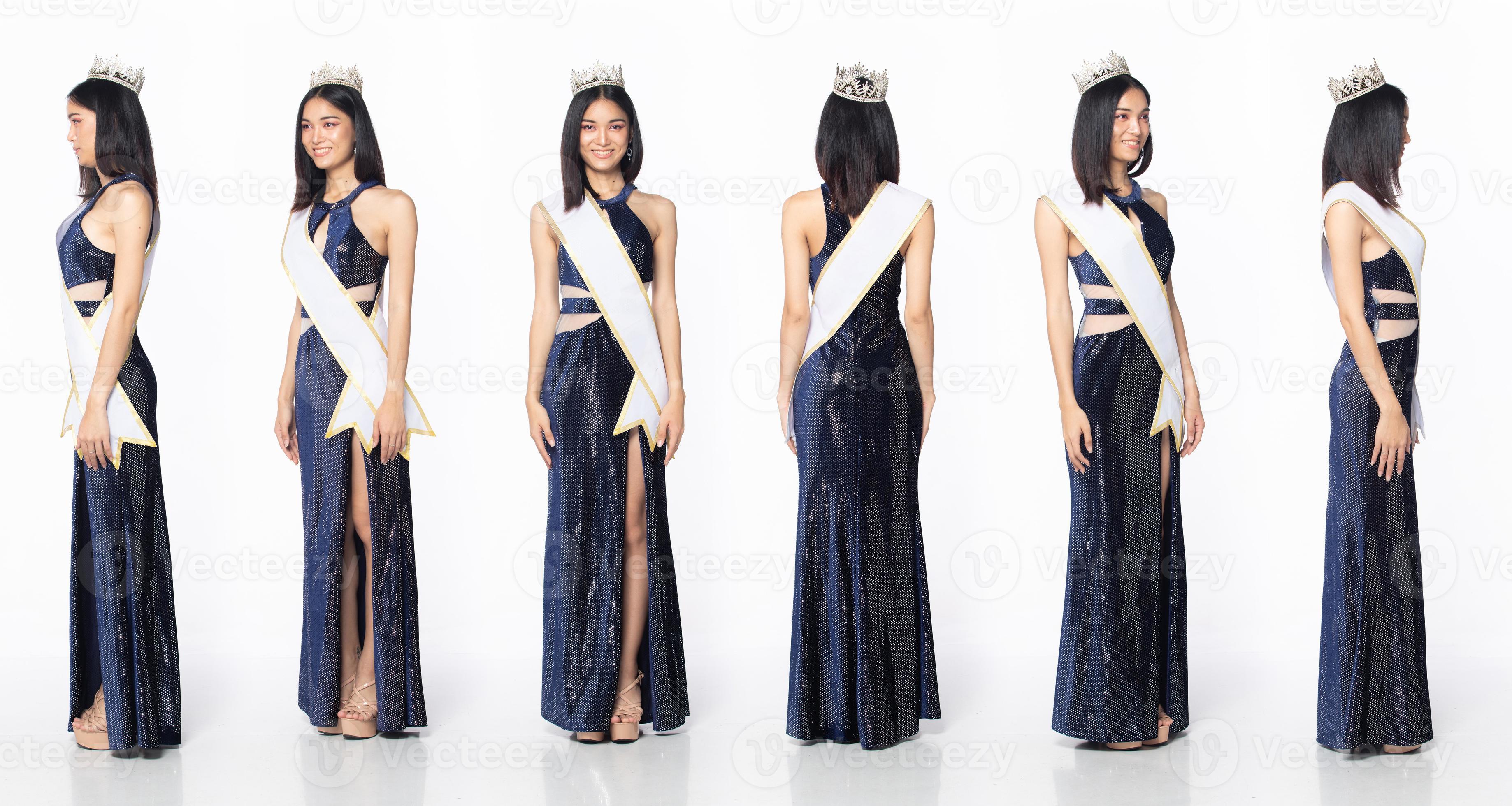 Full Length Body Of Miss Beauty Pageant Contest Wear Blue Evening