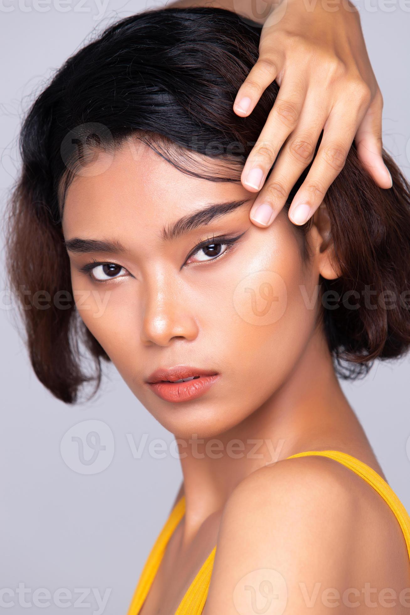 Beautiful Tanned Skin Woman Wear Yellow Dress Open Shoulder With Clean