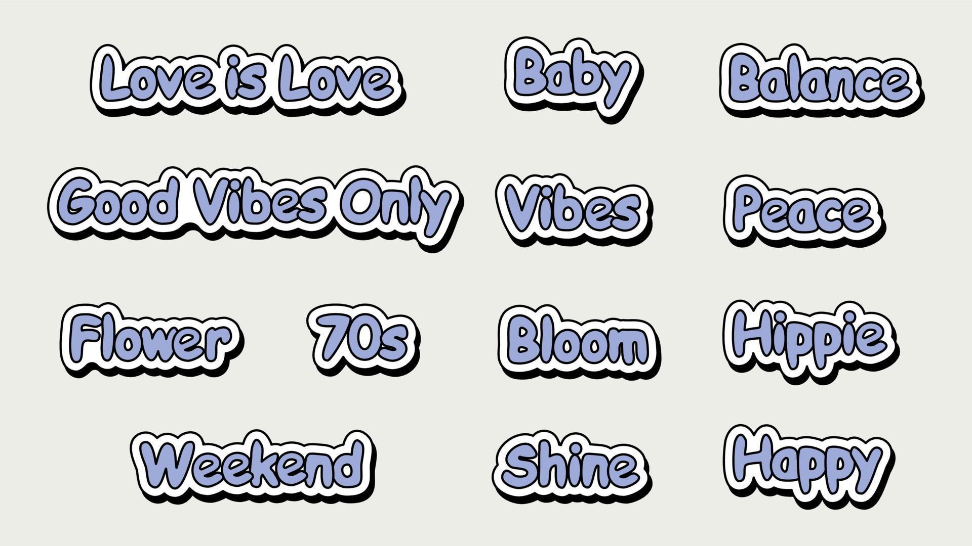 Set of hipster retro cool slogans and phrases. A collection of groovy word stickers with a 70s ...