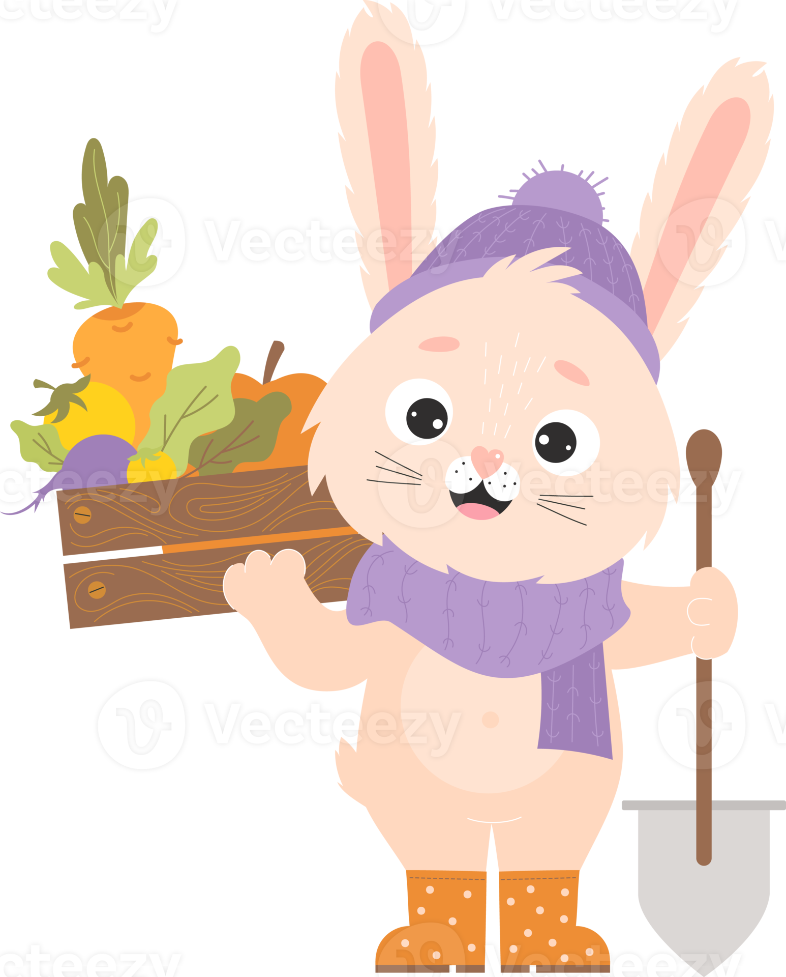 Rabbit character is farmer with vegetables harvest and shovel 11029144 PNG