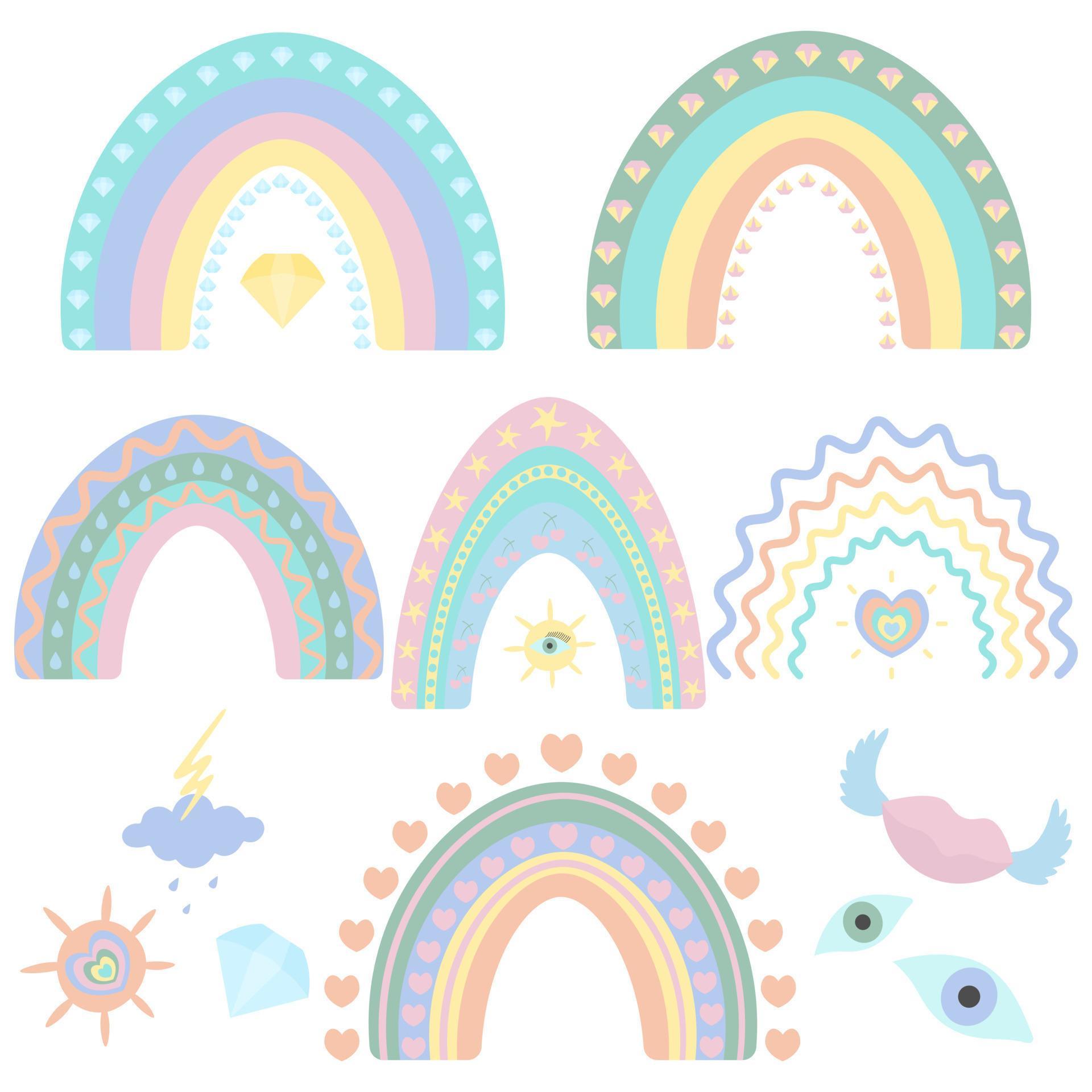Rainbow. Vector set of illustrations. Isolated white background. Boho ...