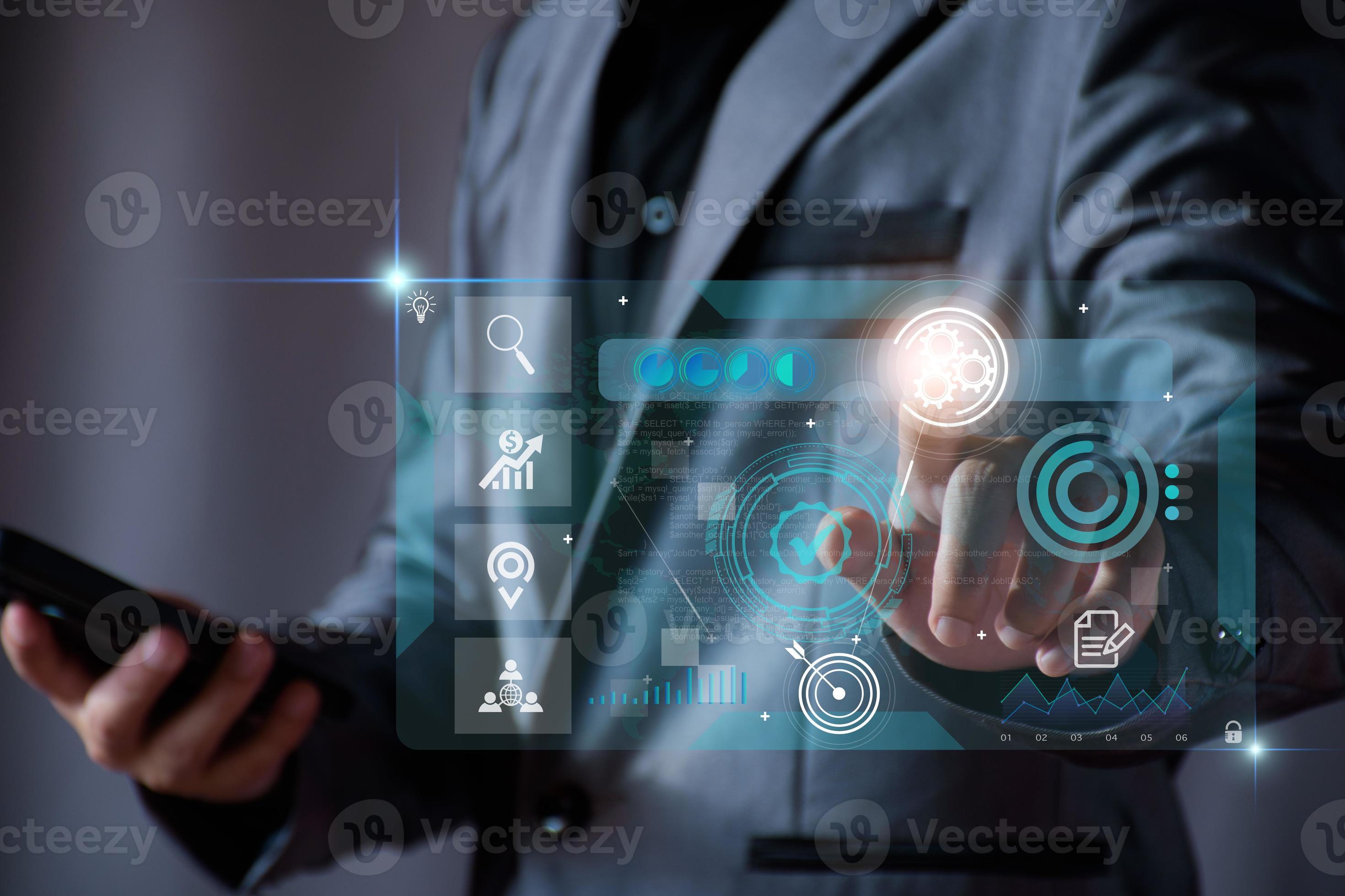 Business database analysis concept. Businessman analyzing economic data ...