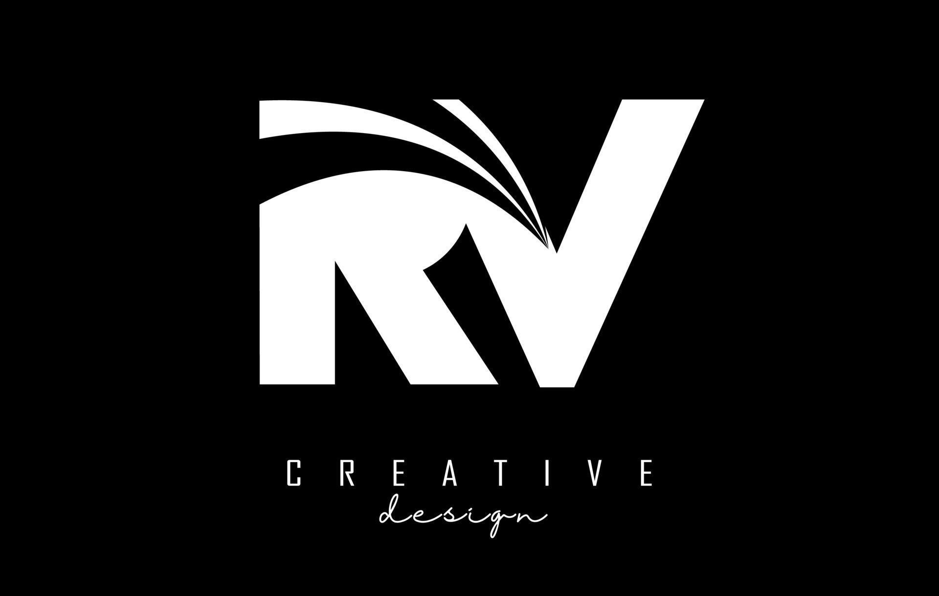 Creative white letters RV R v logo with leading lines and road concept design. Letters with ...