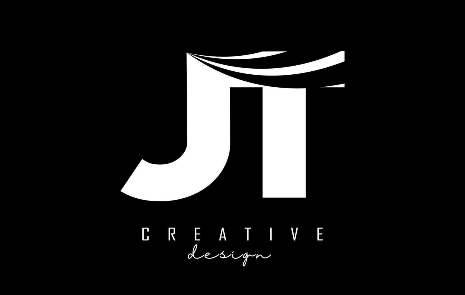 Creative white letters JT j t logo with leading lines and road concept design. Letters with ...