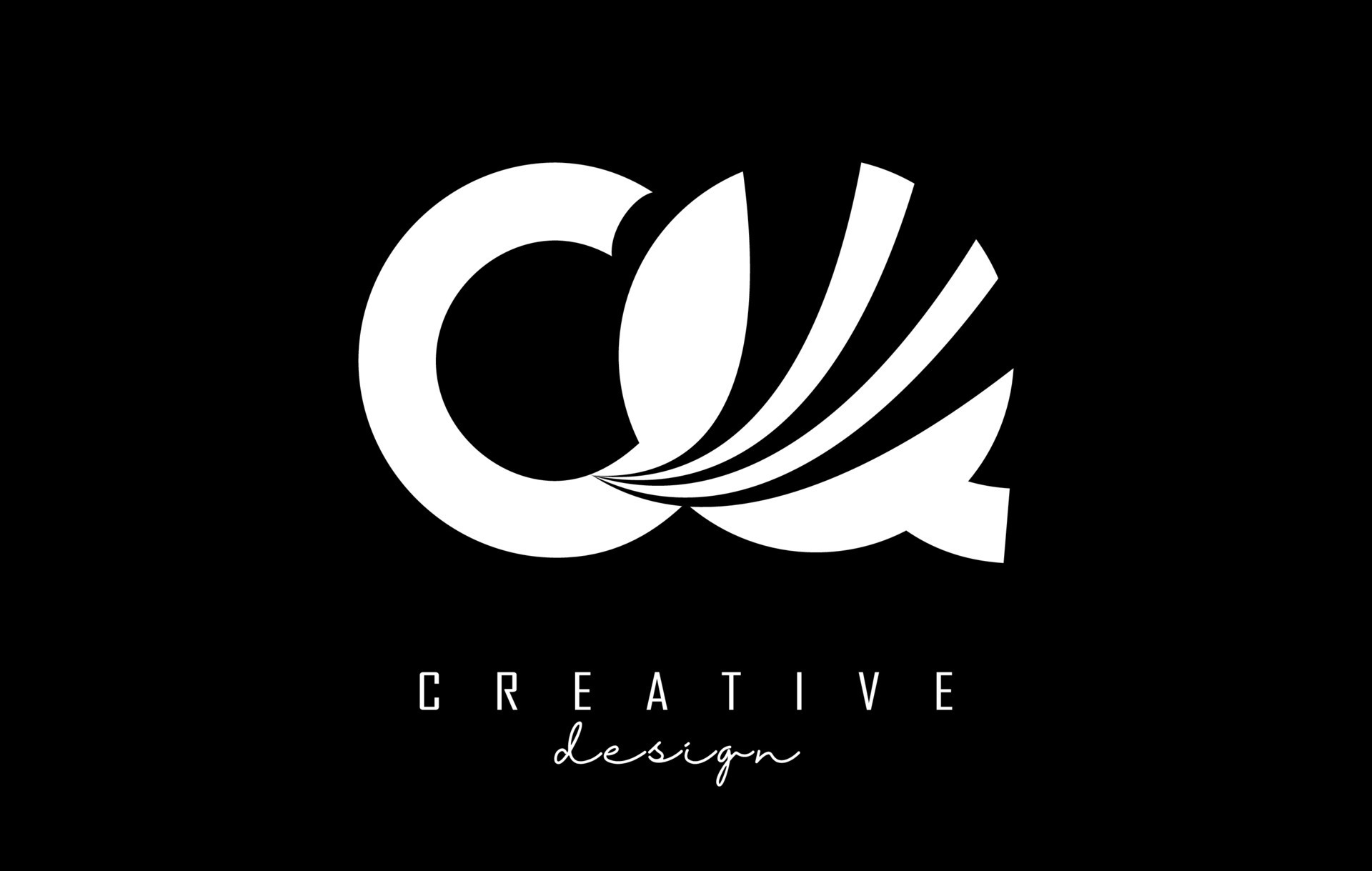 White letters CQ c q logo with leading lines and road concept design. Letters with geometric ...