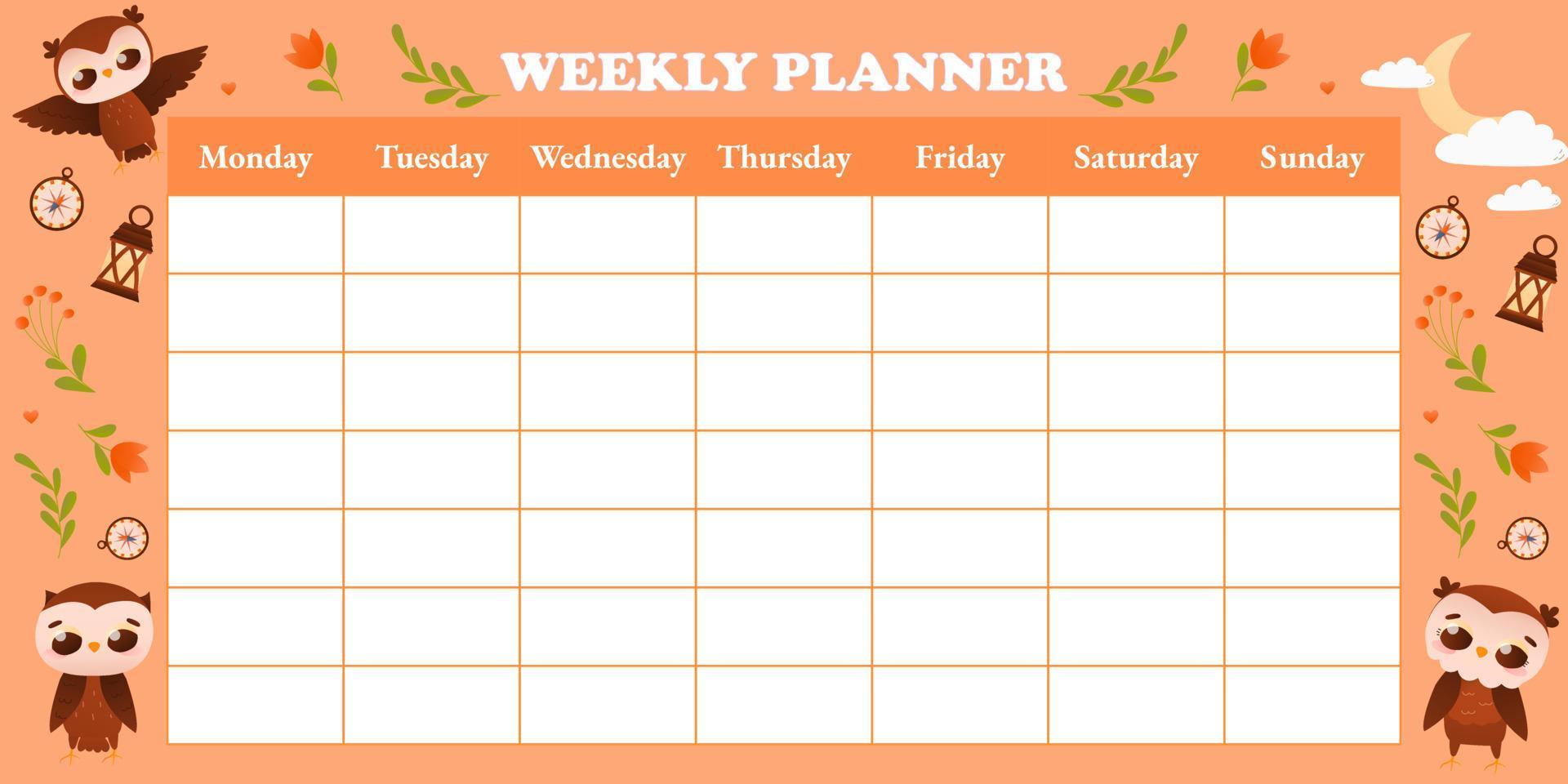 Childish weekly planner layout for kids with owl cartoon character on ...