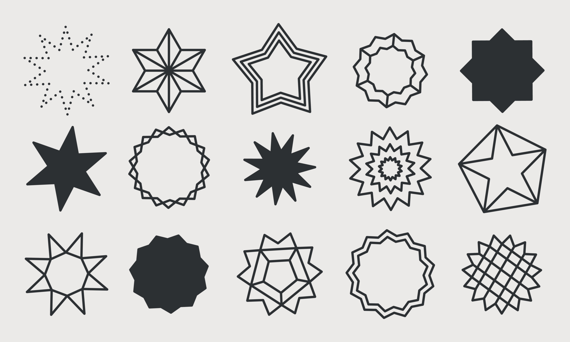 Decorative stars line icon set. Outline Design elements. Shining and ...