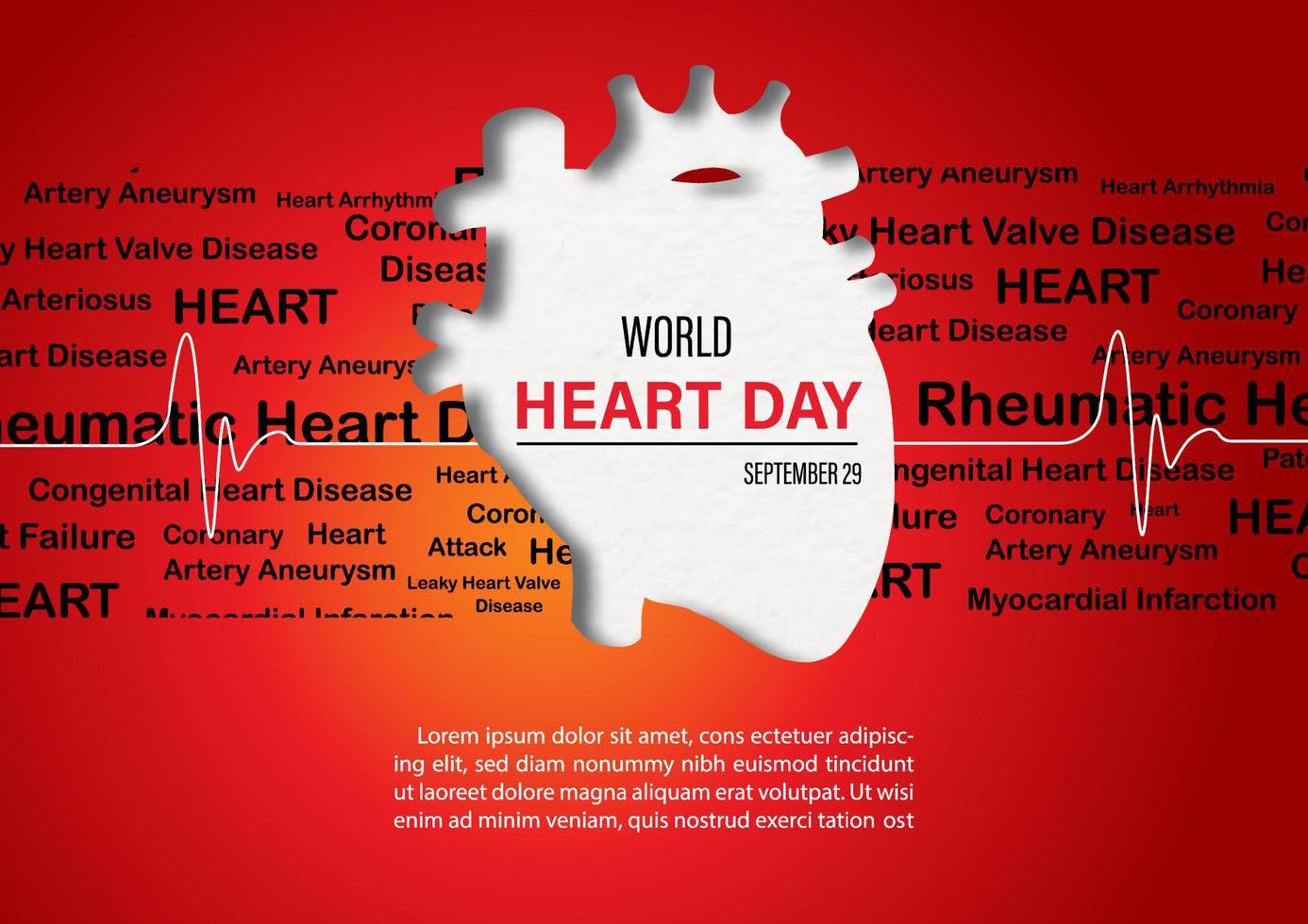 Wording of world heart day on white banner in human heart shape with example texts on name of ...