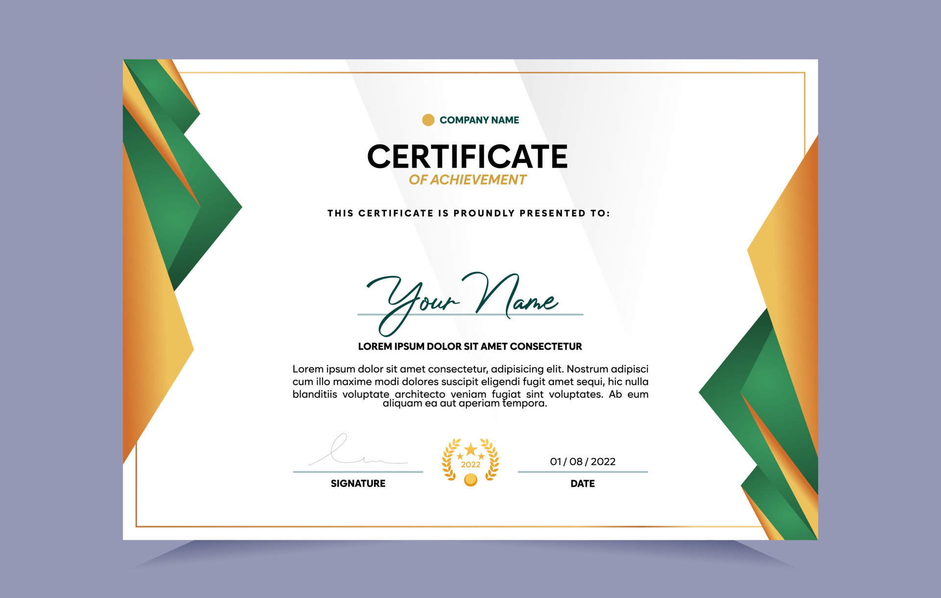 Green And Gold Certificate Of Achievement Template Set With Gold Badge