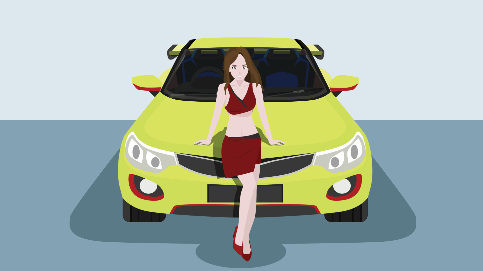 Vector Or Illustration Of Pretty Girl Standing Front Of Sport Yellow Car Inside Car Visible