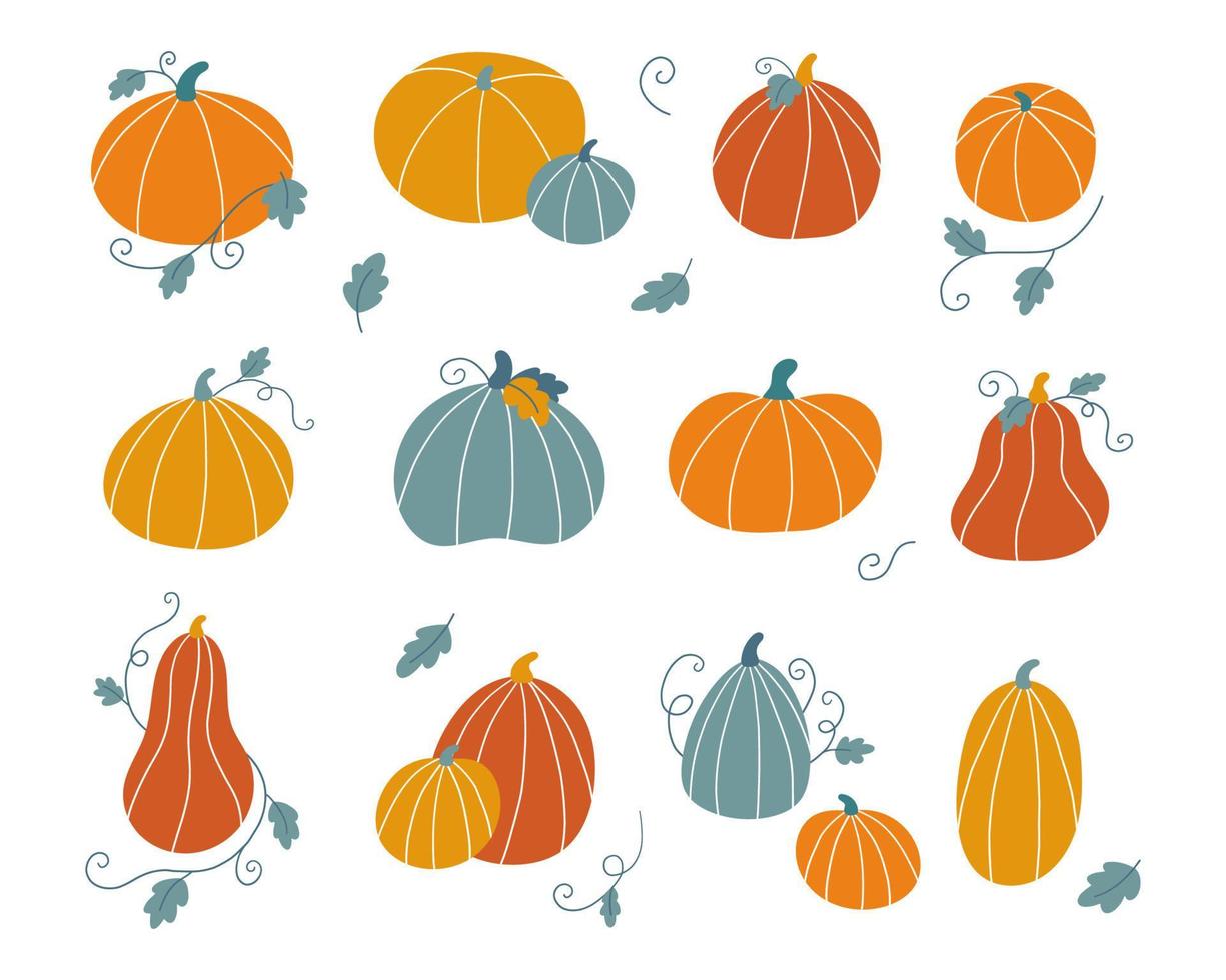 Hand drawn doodle pumpkins with leaves. Set collection for Thankful day ...