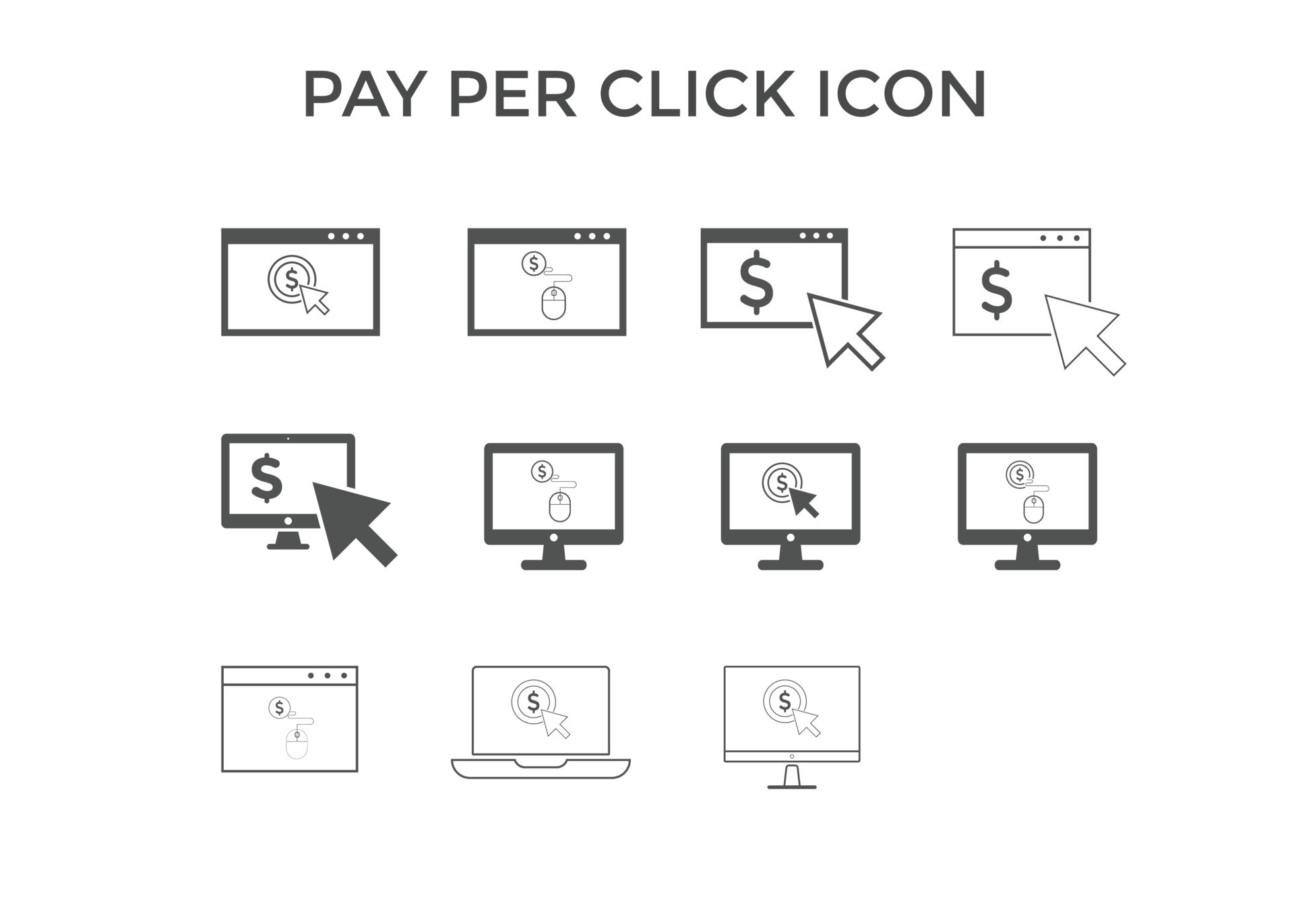Set of Pay per click icons. Concept for SEO, payment collection and web design. PPC icon ...