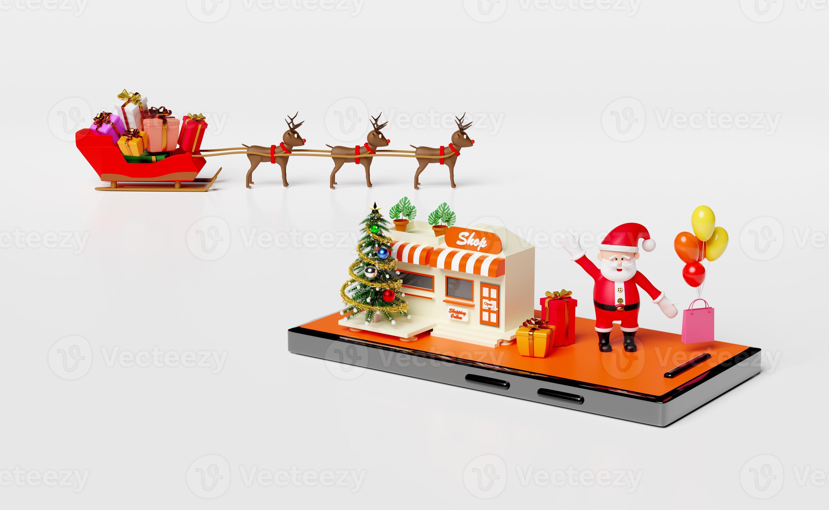 Shop Store Front With Mobile Phone Smartphoneshopping Paper Bagssanta Clauschristmas Tree
