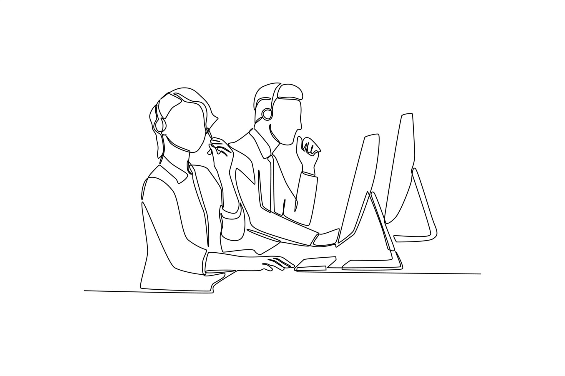 Single one line drawing team of customer service executive calling with ... Single one line drawing team of customer service executive calling with ...