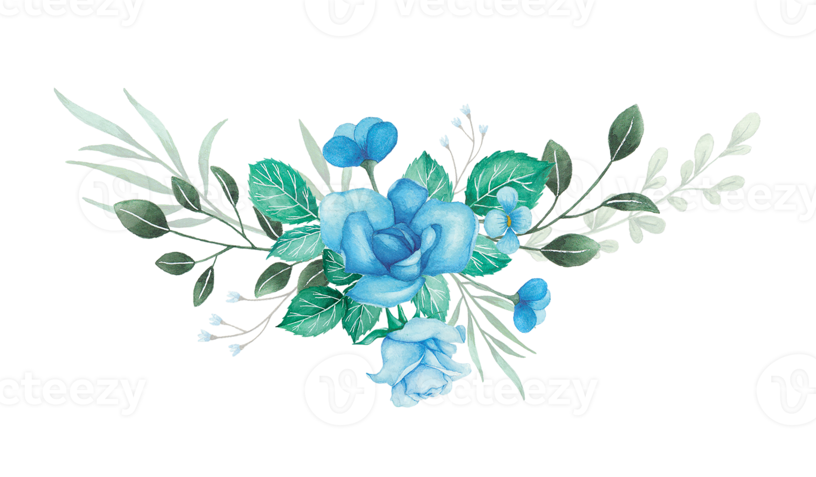 Watercolor Flowers Bouquet With Blue Roses And Green Leaves