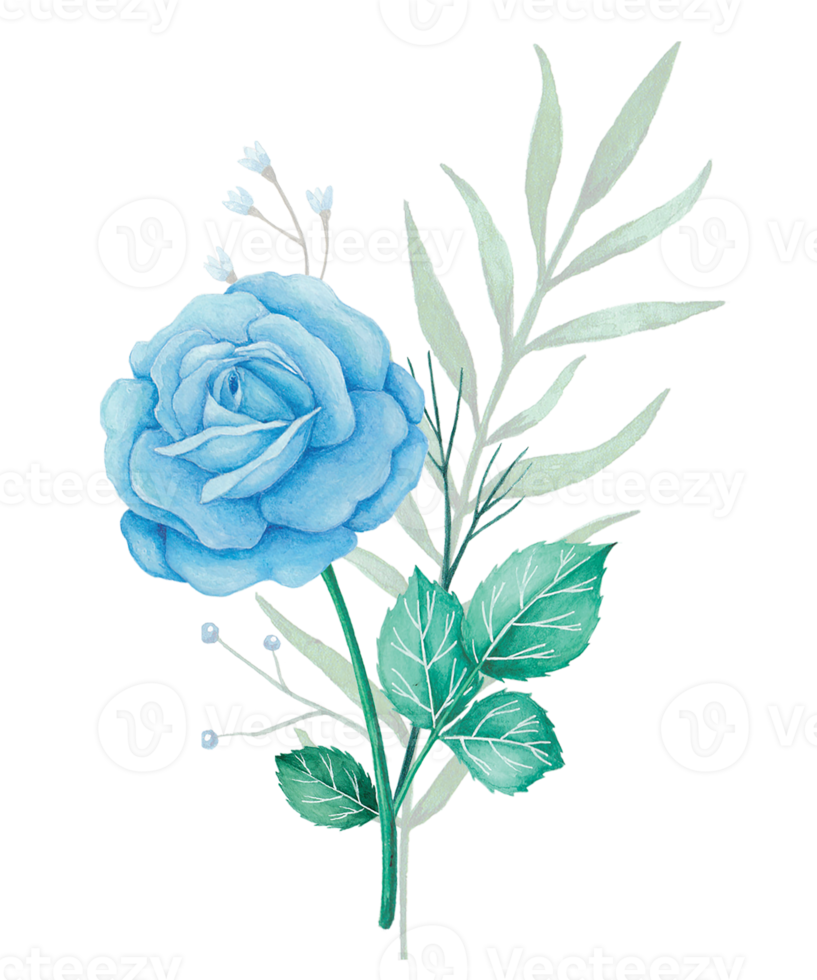 ramo de flores de acuarela con rosas azules y hojas verdes ilustración ...