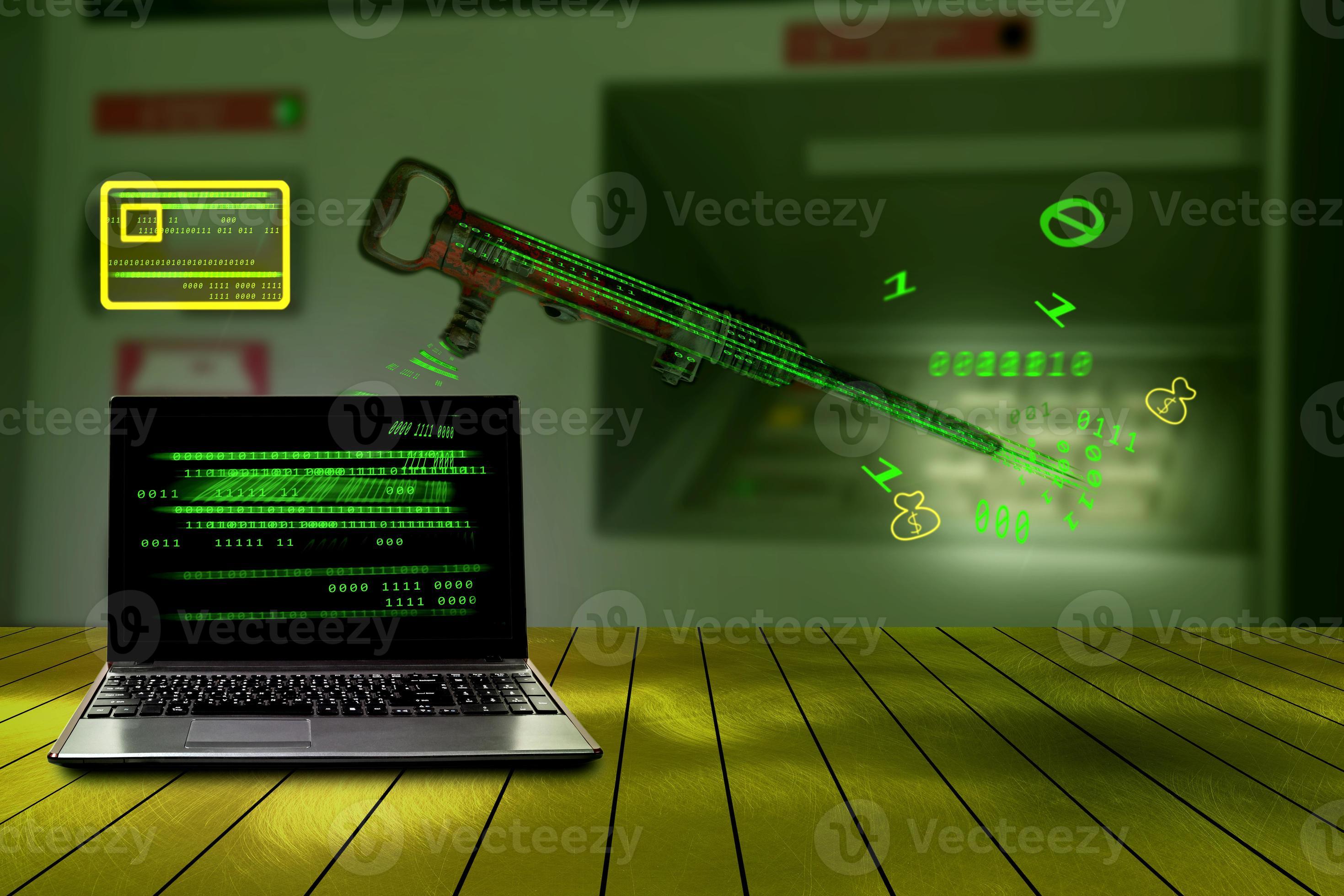 Computer With Hacker Automatic Teller Machine Blur Backgrounddrill