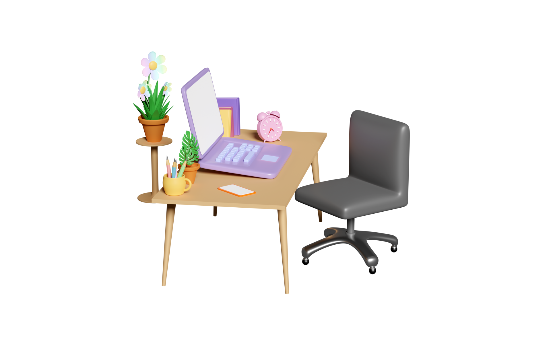 3d Laptop Computer On Table With Desk In Office Coffee Cup Plane Textbook Book Flower Pot