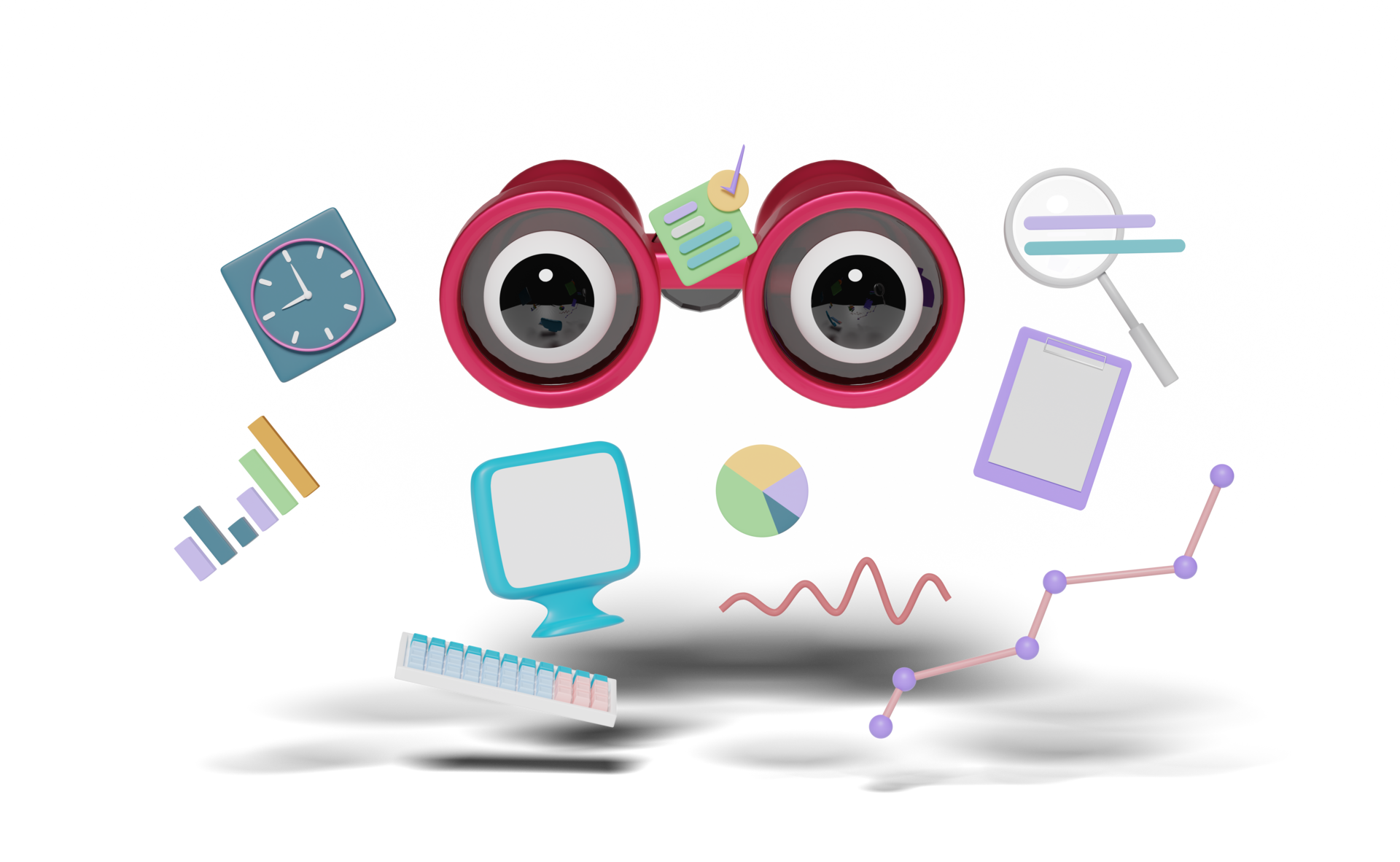 3d binoculars computer with charts graph, analysis business 11106154 PNG