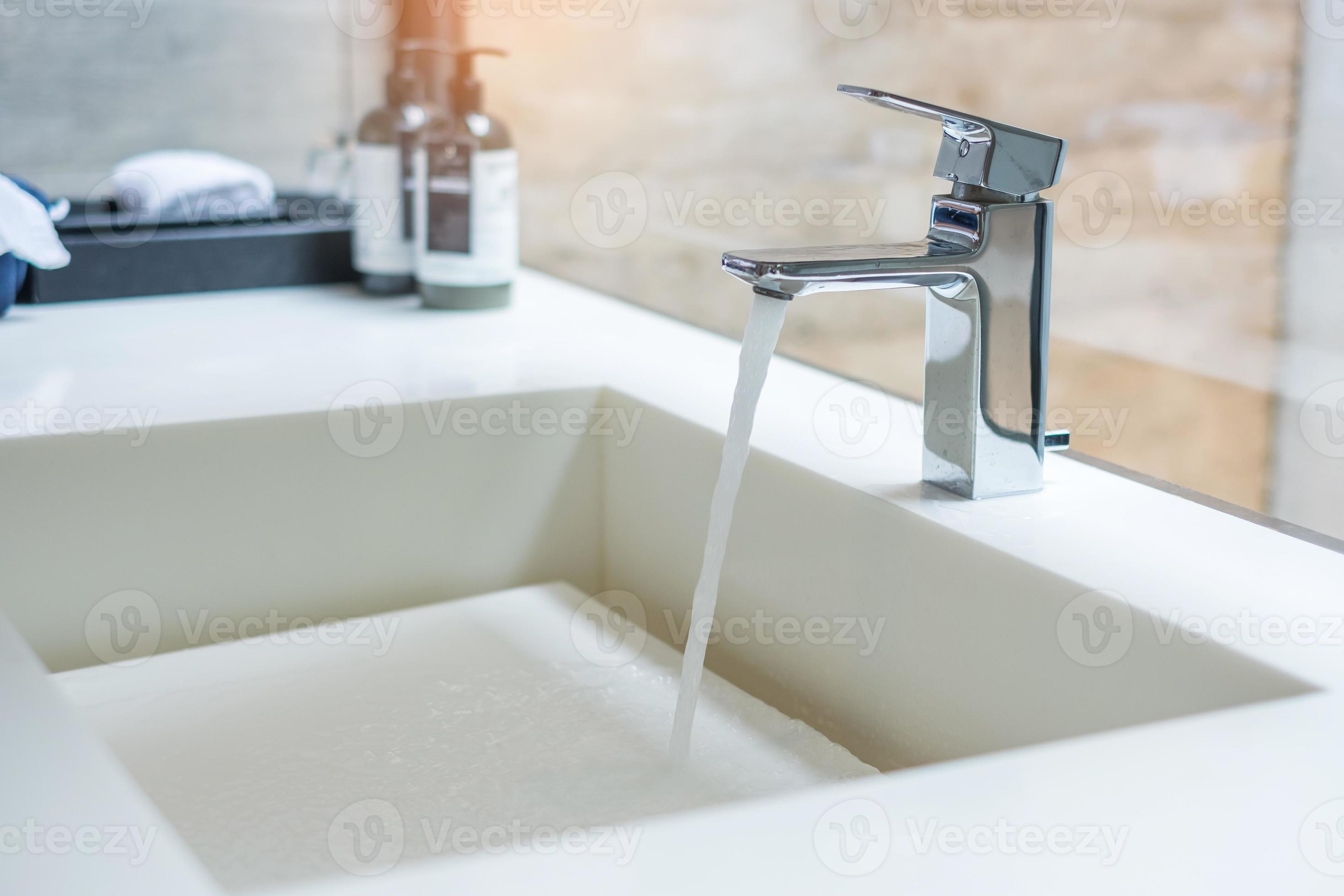 Water Flowing Into Modern Sink Basin Tap Water Antiseptic Personal