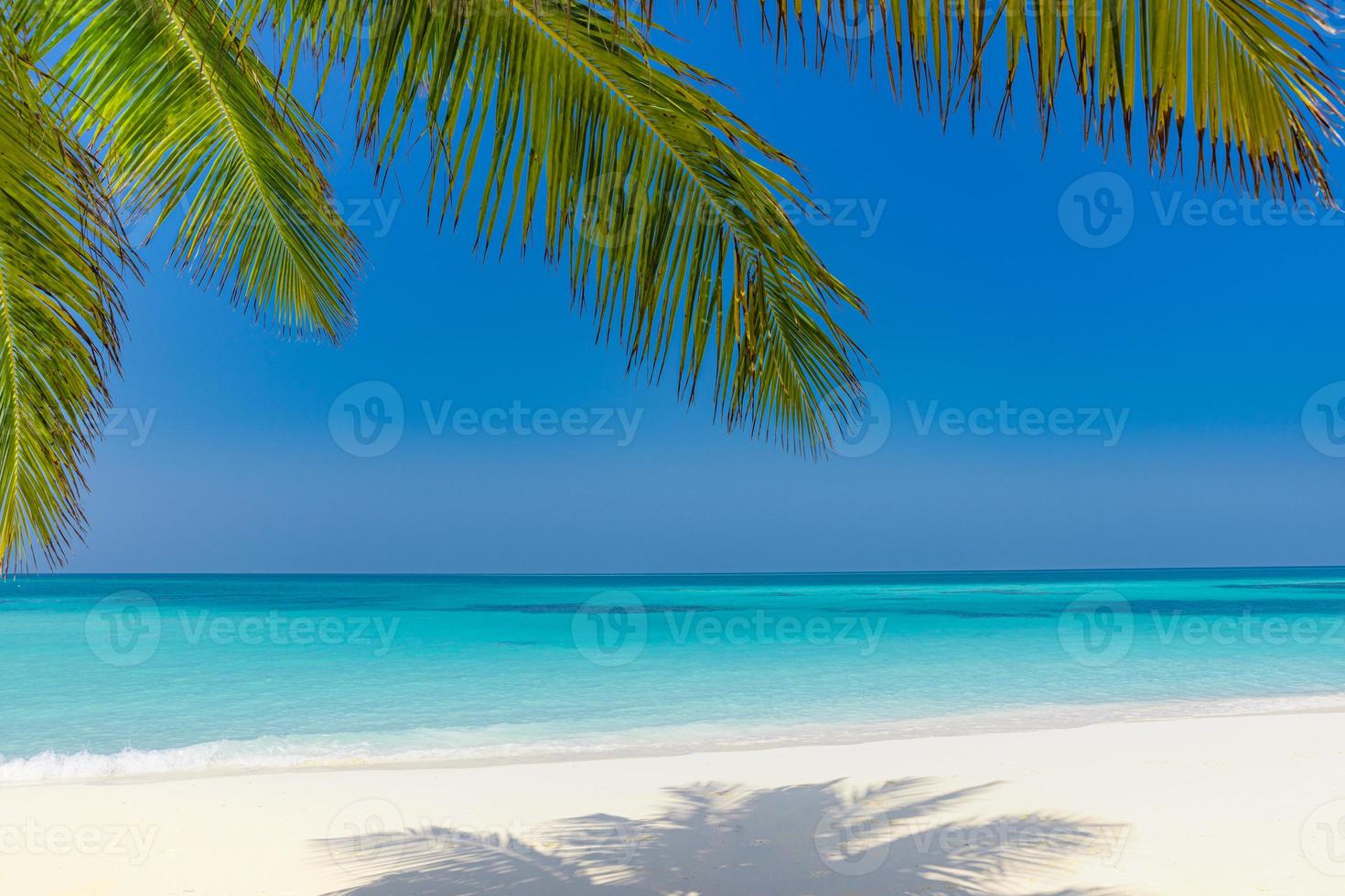 Panoramic landscape view of white beach sand sea water and blue sky ...