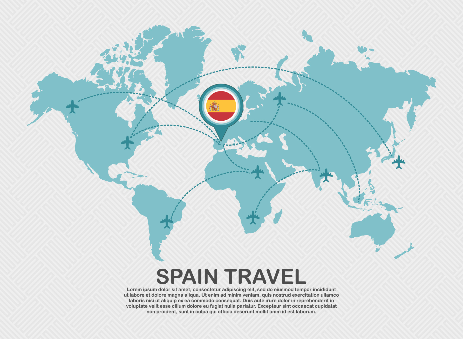 Travel To Spain Poster With World Map And Flying Plane Route Business travel-to-spain-poster-with-world-map-and-flying-plane-route-business