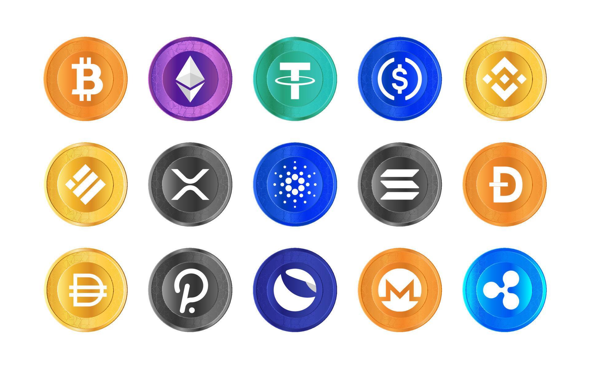 Cryptocurrency logo set Set of cryptocurrency icons Coin set icons 11114116 Vector Art at Vecteezy