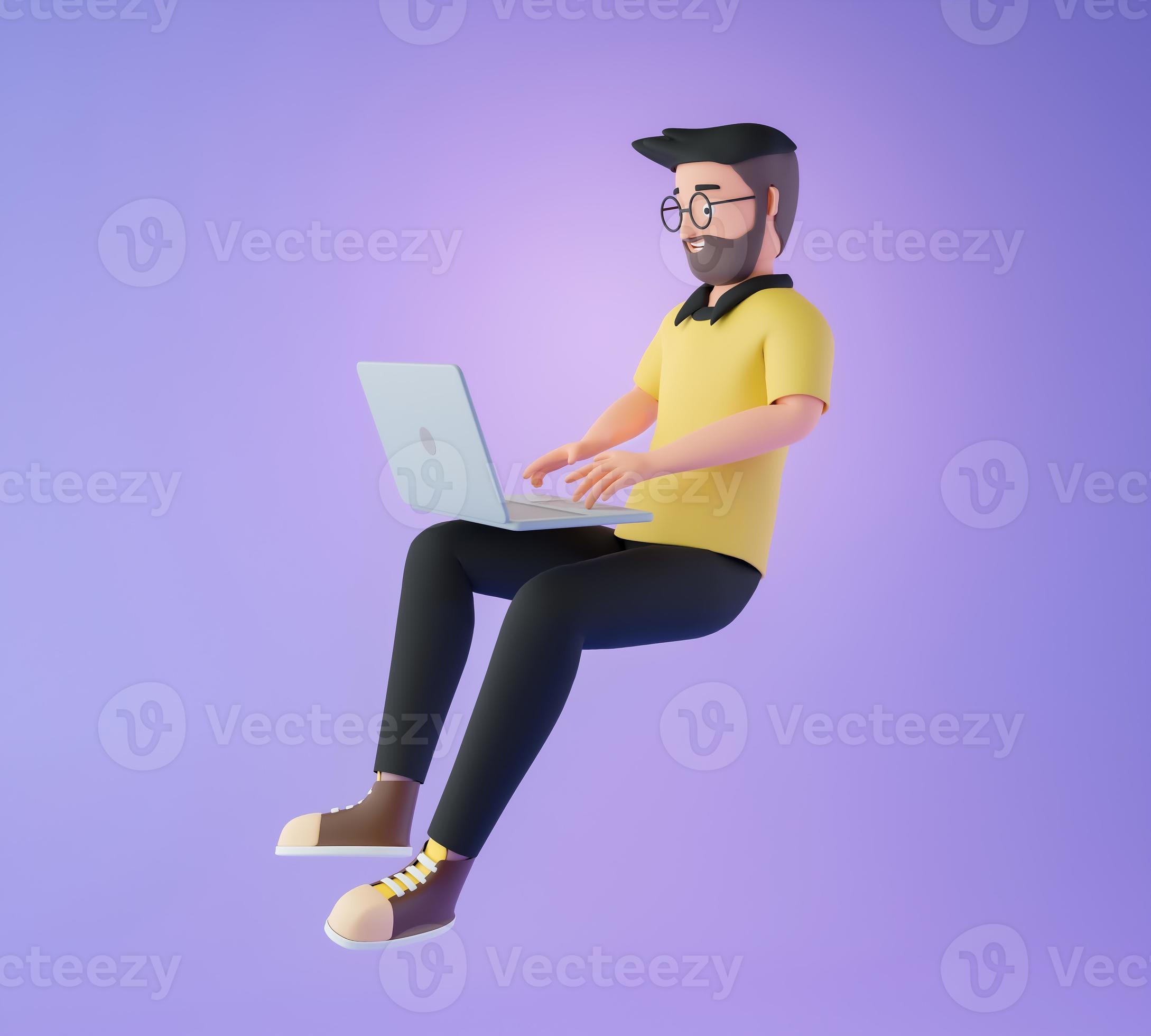 Cartoon character men floating and using computer laptop for working ...