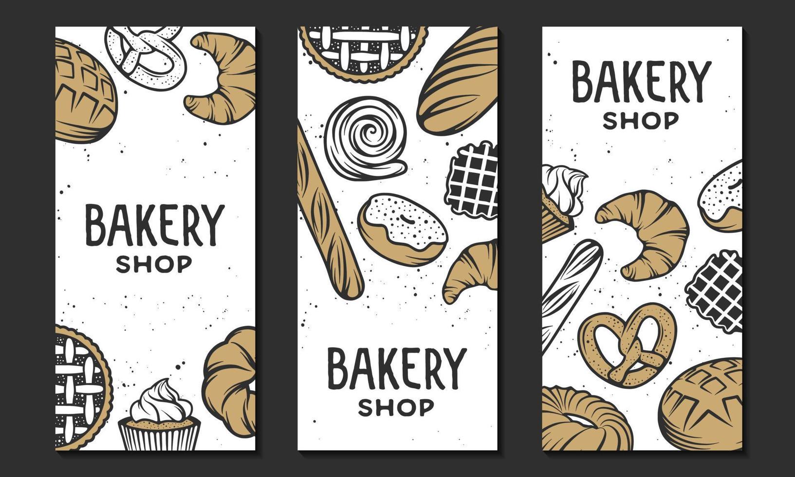 Set of vector bakery engraved elements. Typography design with bread, pastry, pie, buns, sweets ...
