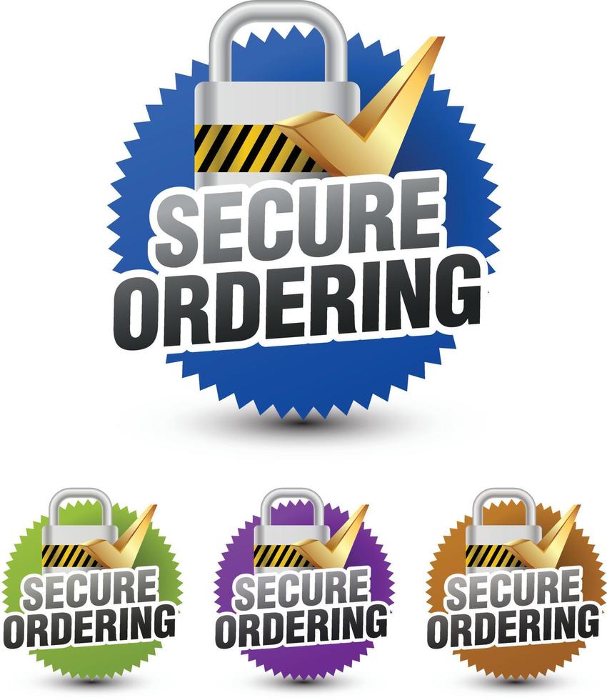 4 Colored Secure Ordering Badges With Lock And Tick Sign Sticker Icon