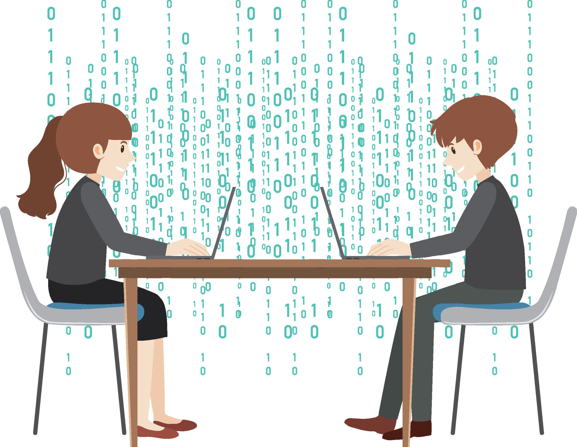 Two people using laptop with binary code background 11126577 Vector Art ...