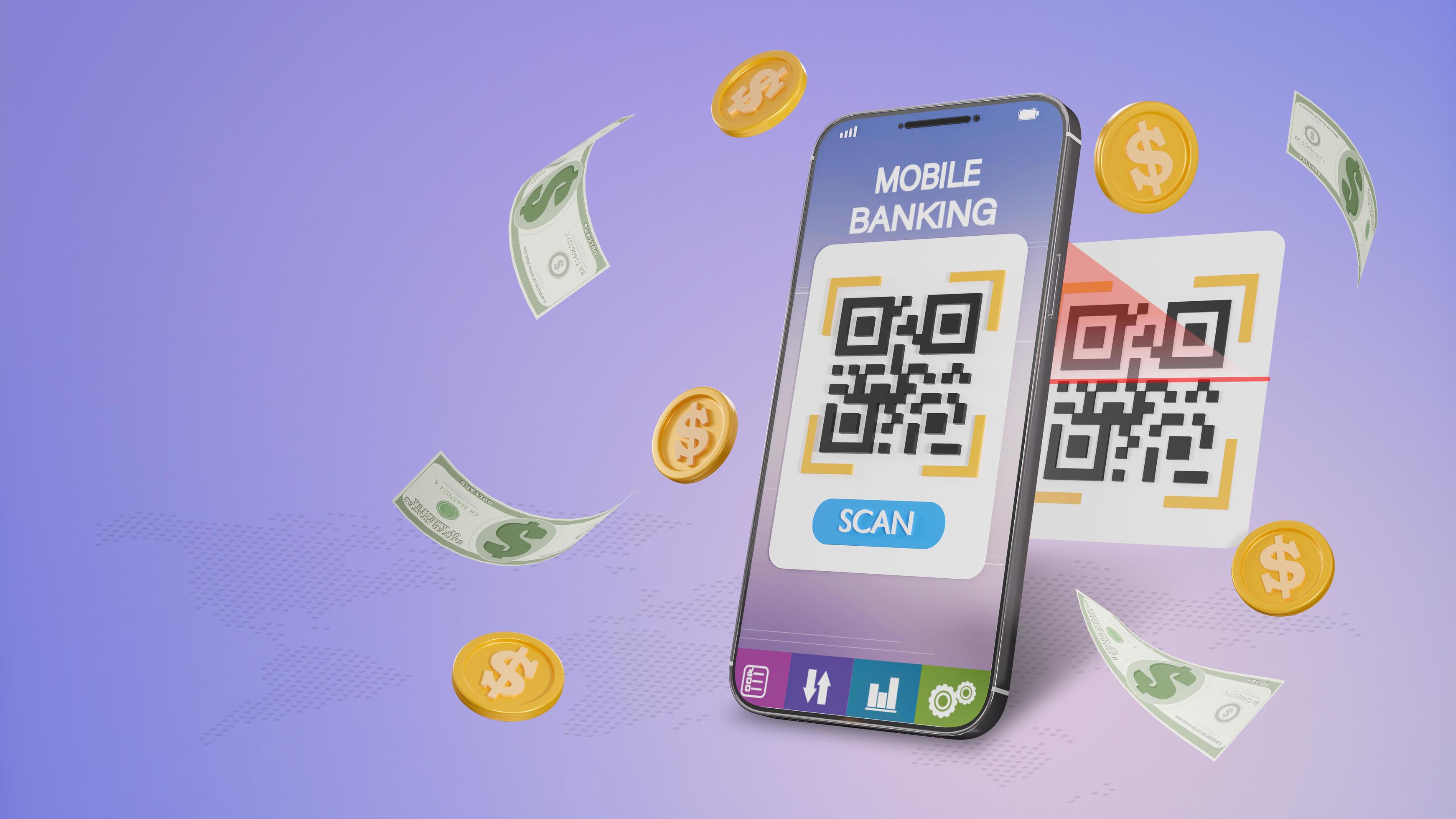3d Rendering Of Qr Code Scanning And Mobile Phone Online Payment Mobile Scan Qr Code Pay The