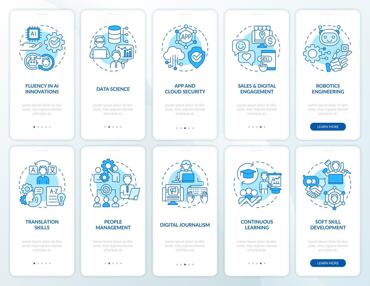 Continuous Professional Development Blue Onboarding Mobile App Screen Set Walkthrough 5 Steps