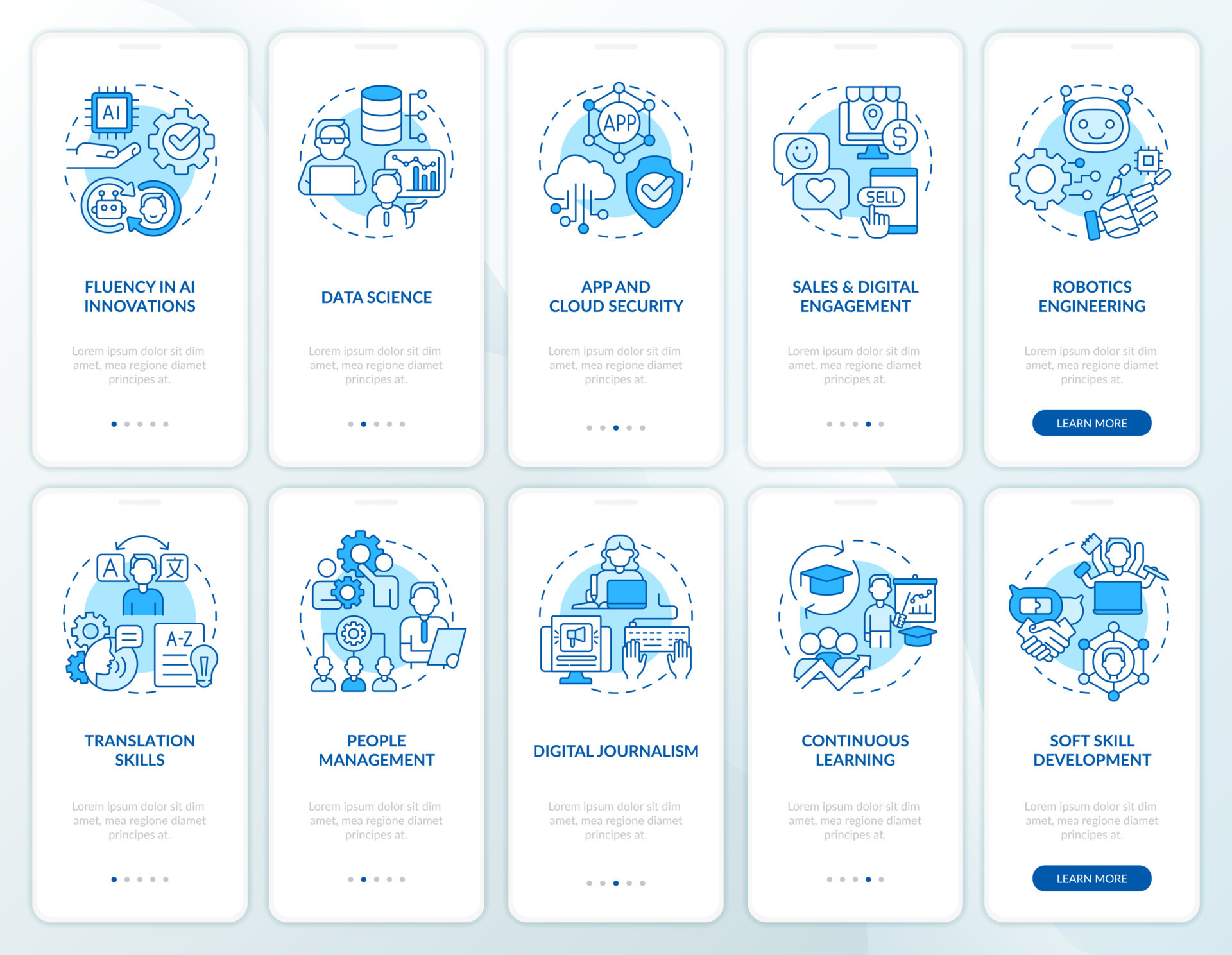 Continuous Professional Development Blue Onboarding Mobile App Screen Set Walkthrough 5 Steps