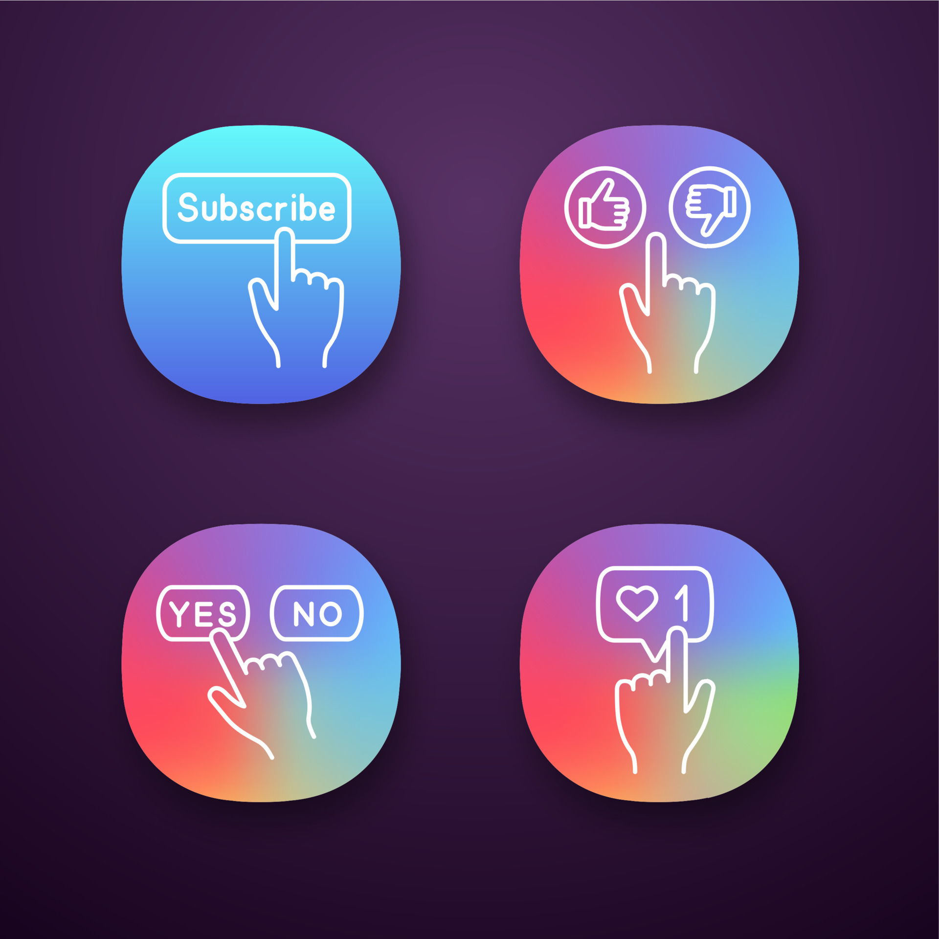 Click app icons set. Apps buttons. Subscribe, thumbs up and down, yes, no, like counter. UI UX ...